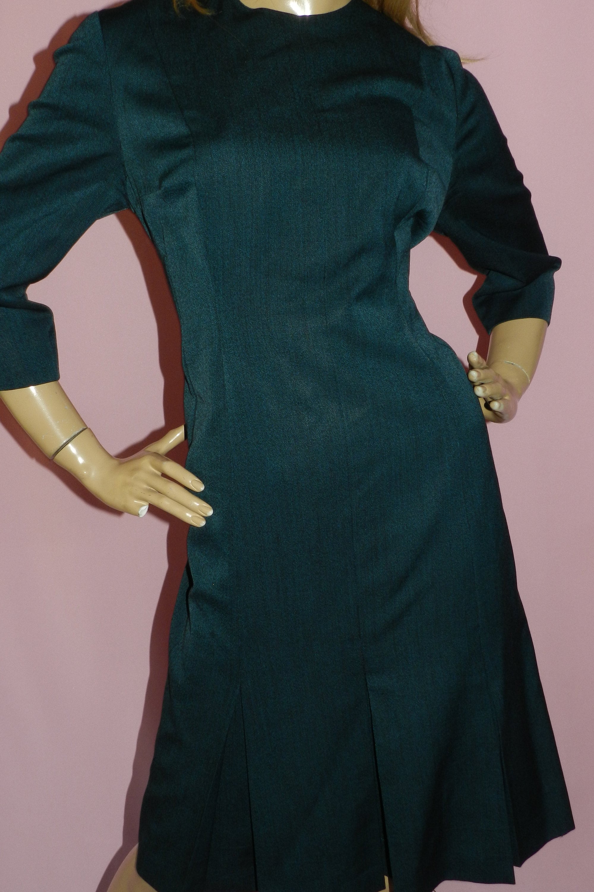 Vintage 1950s Dark FOREST GREEN Kick Pleat SECRETARY Dress 16 L 50s ...