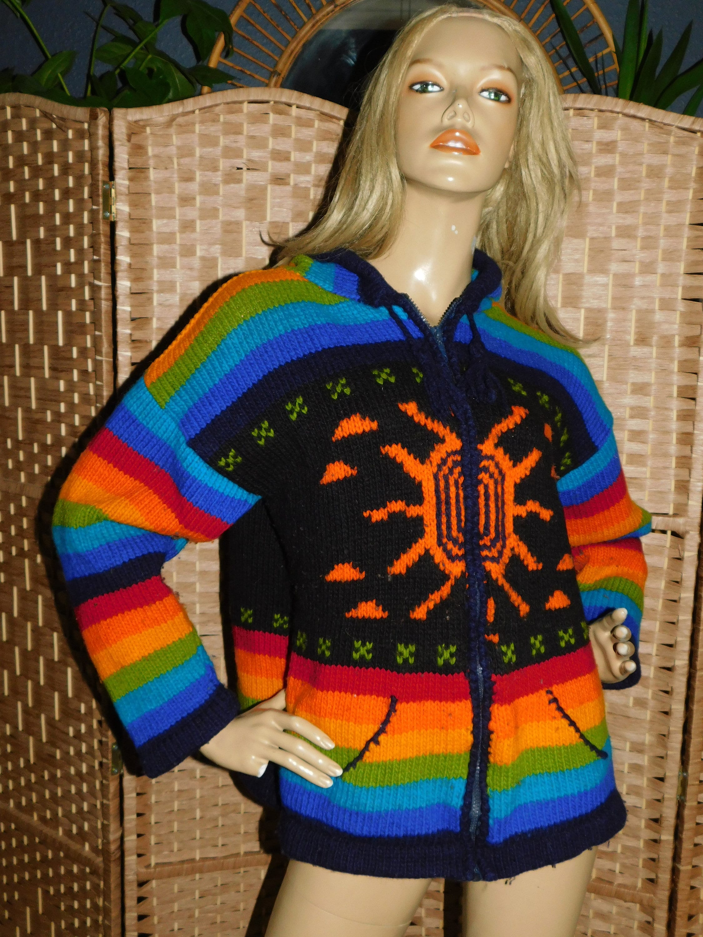 Vintage 90s GRUNGE Multicoloured HIPPY Hooded Cardigan M 1990s Geek ...