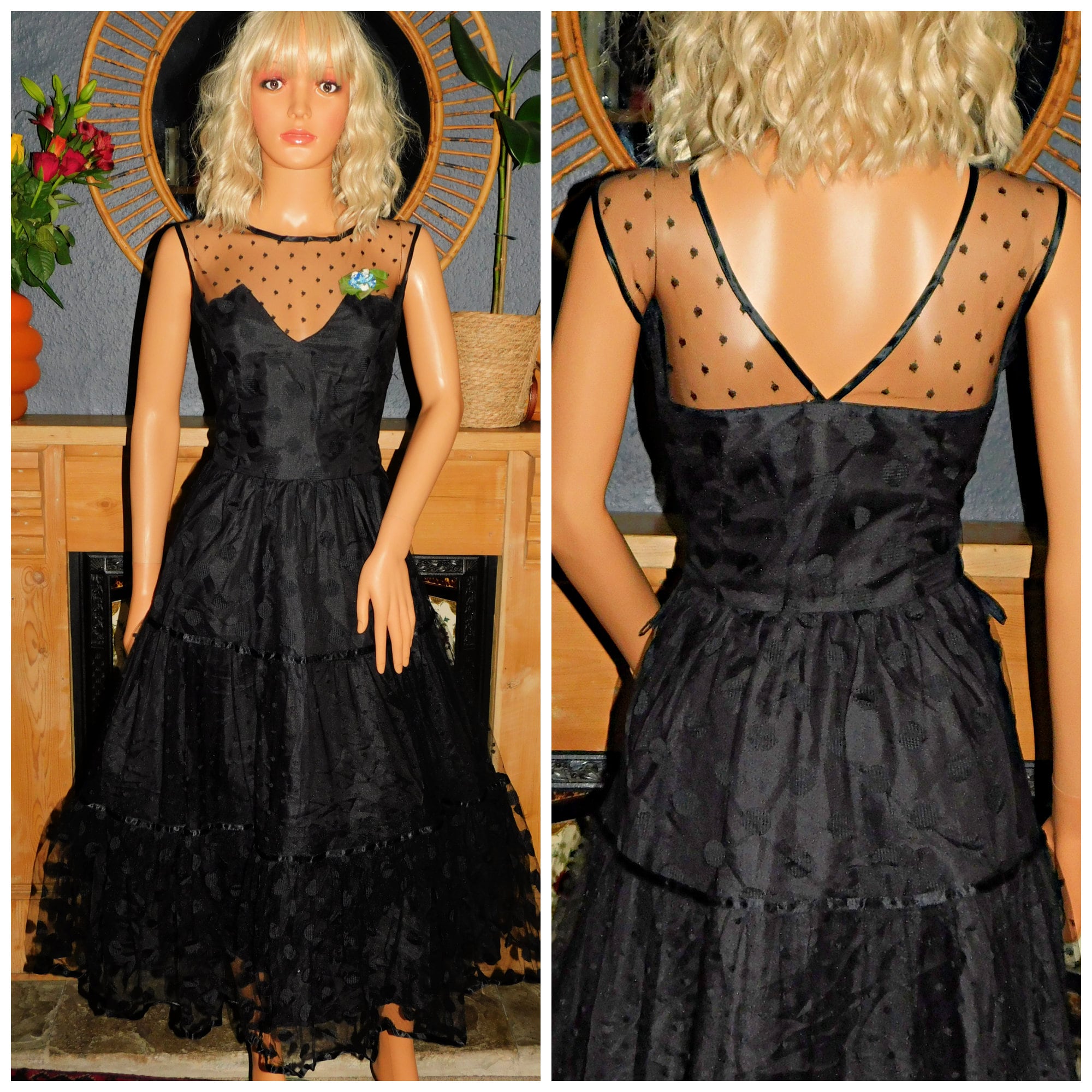 Vintage 80s Extreme Black Lace TULLE FAIRY Princess Prom Party Dress 8 ...