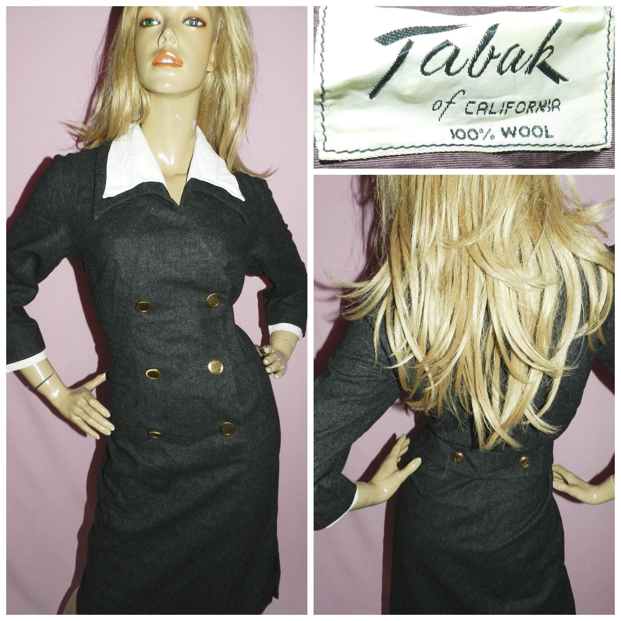 Vintage 50s TABAK Of CALIFORNIA Grey WOOL Contrast Collar Secretary Pin ...