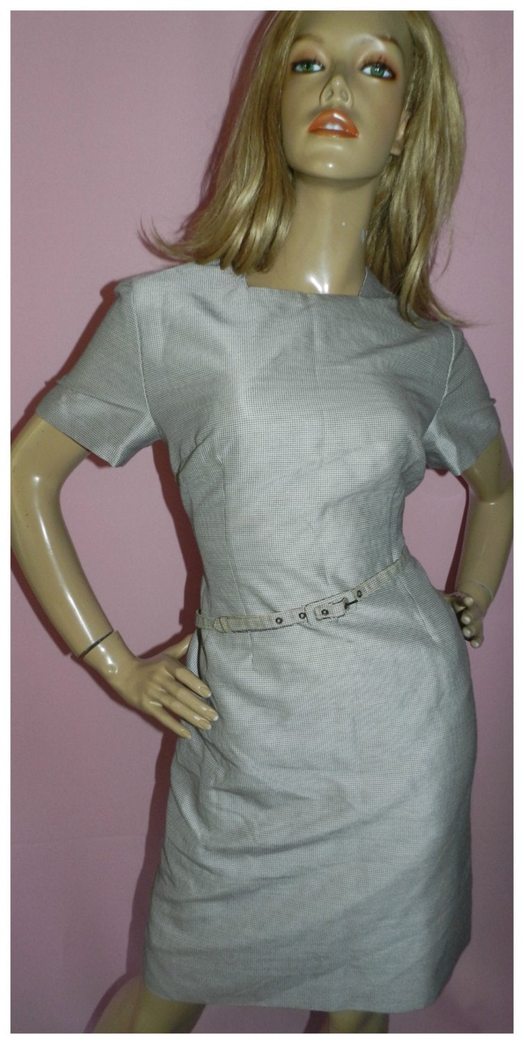 Vintage 50s Grey/White CHECK Fitted HOURGLASS SECRETARY Dress 14 1950s ...