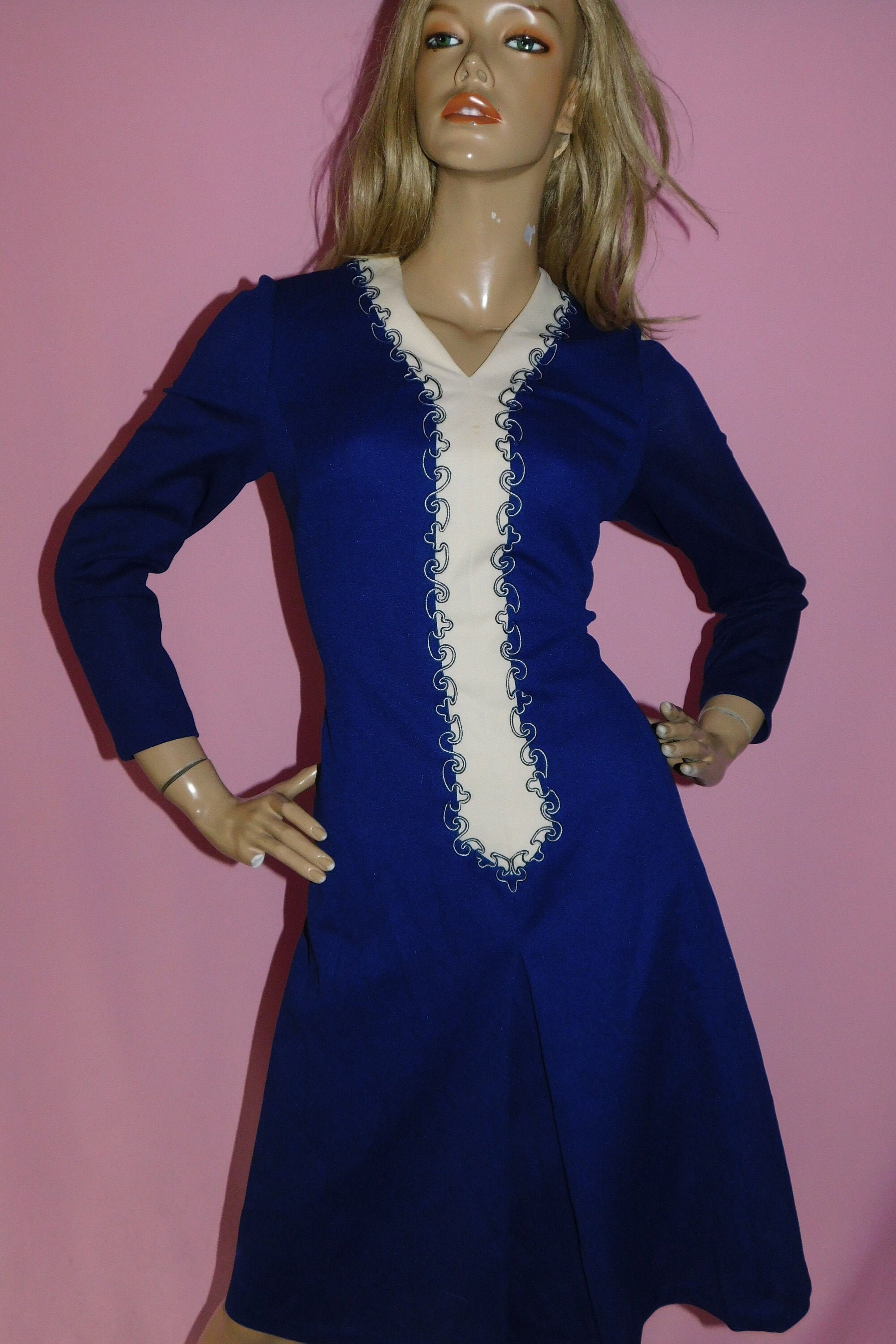 Vintage 1960s Navy Cream MOD Scooter Dress 12 M 60s Modette KITSCH