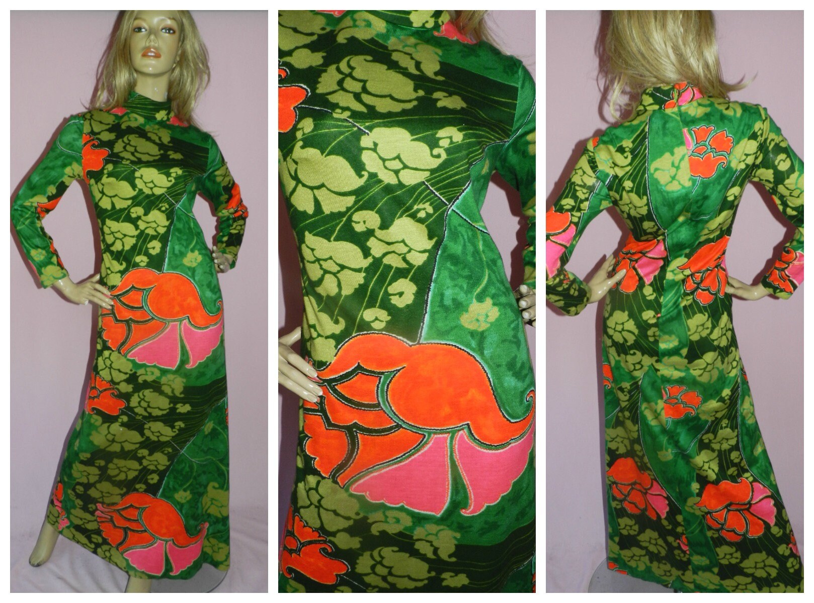 Vintage 70s PSYCHEDELIC Flower Power Floral Maxi Dress 14 M 1970s Art ...