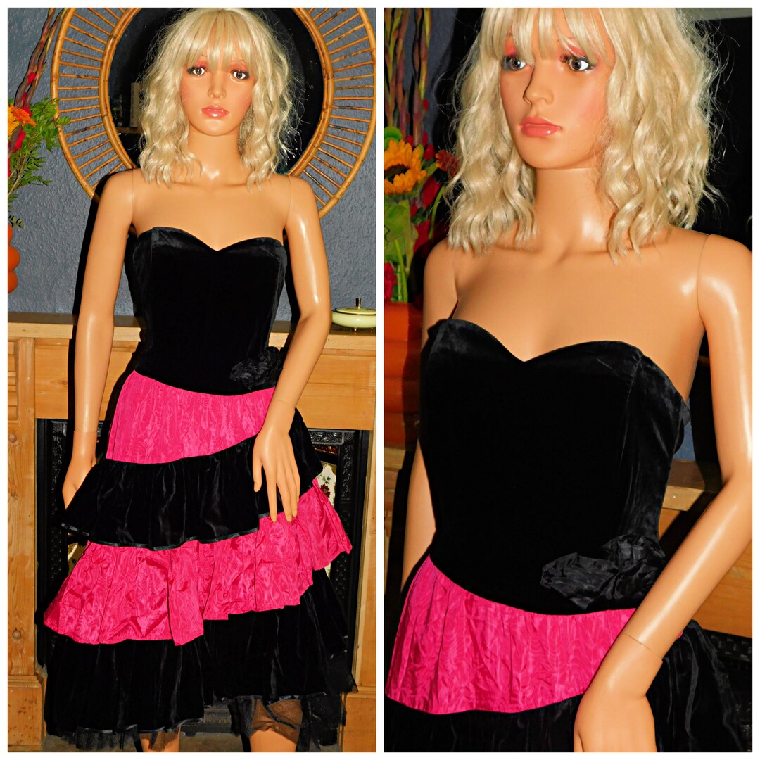 Vintage 80s BUBBLEGUM Pink Black Ruffled Rara Strapless Prom Party ...