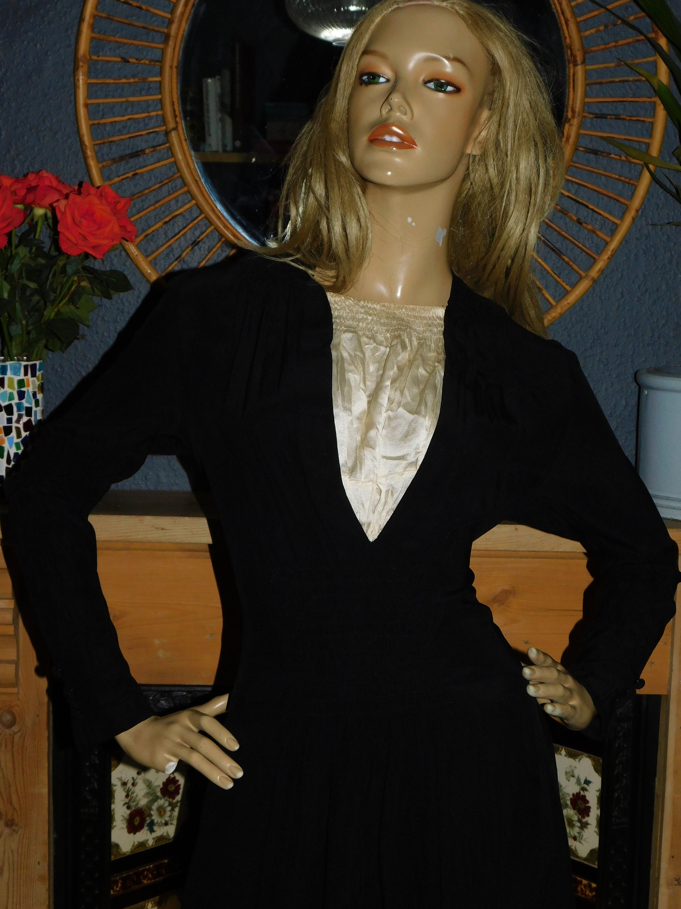 Vintage 30s Black Cream SMOCKED Detail TUXEDO Dress 14 M 1930s Gothic ...