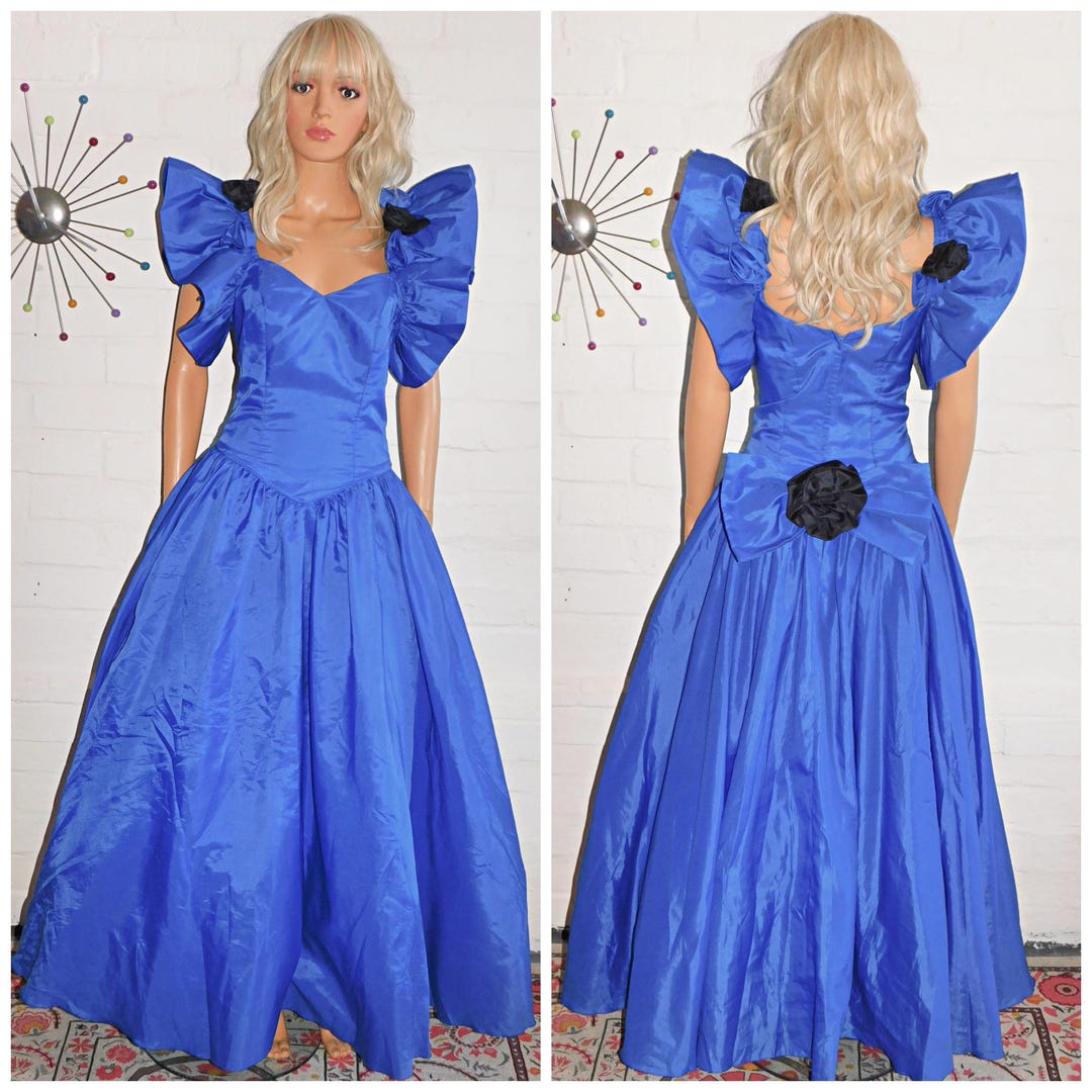 Vintage 80s Electric Blue BOW Back PUFF Slvd Princess Prom Party Dress ...