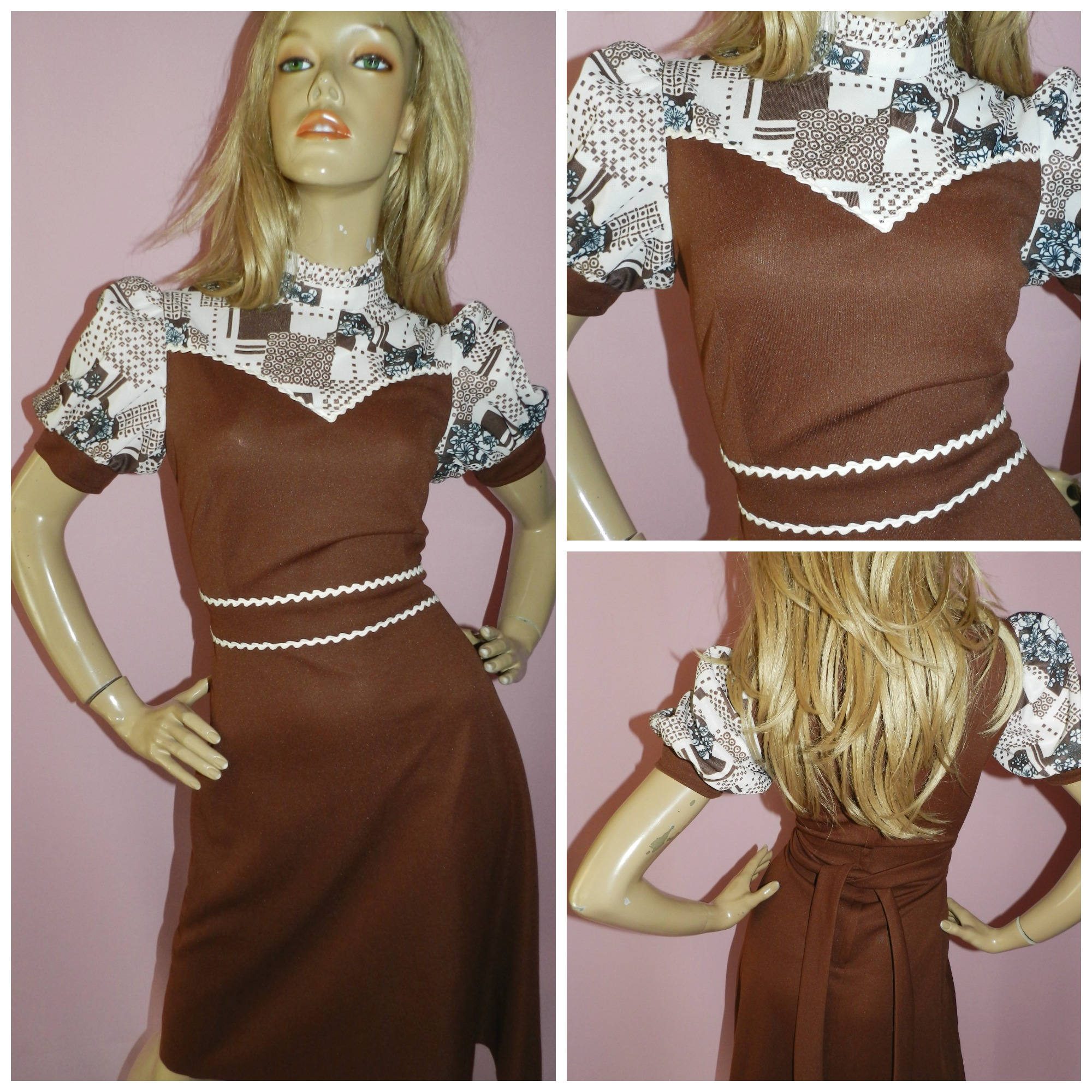 Vintage 60s Brown White Ric Rac trim MOD SCOOTER Dress 10 S 1960s ...