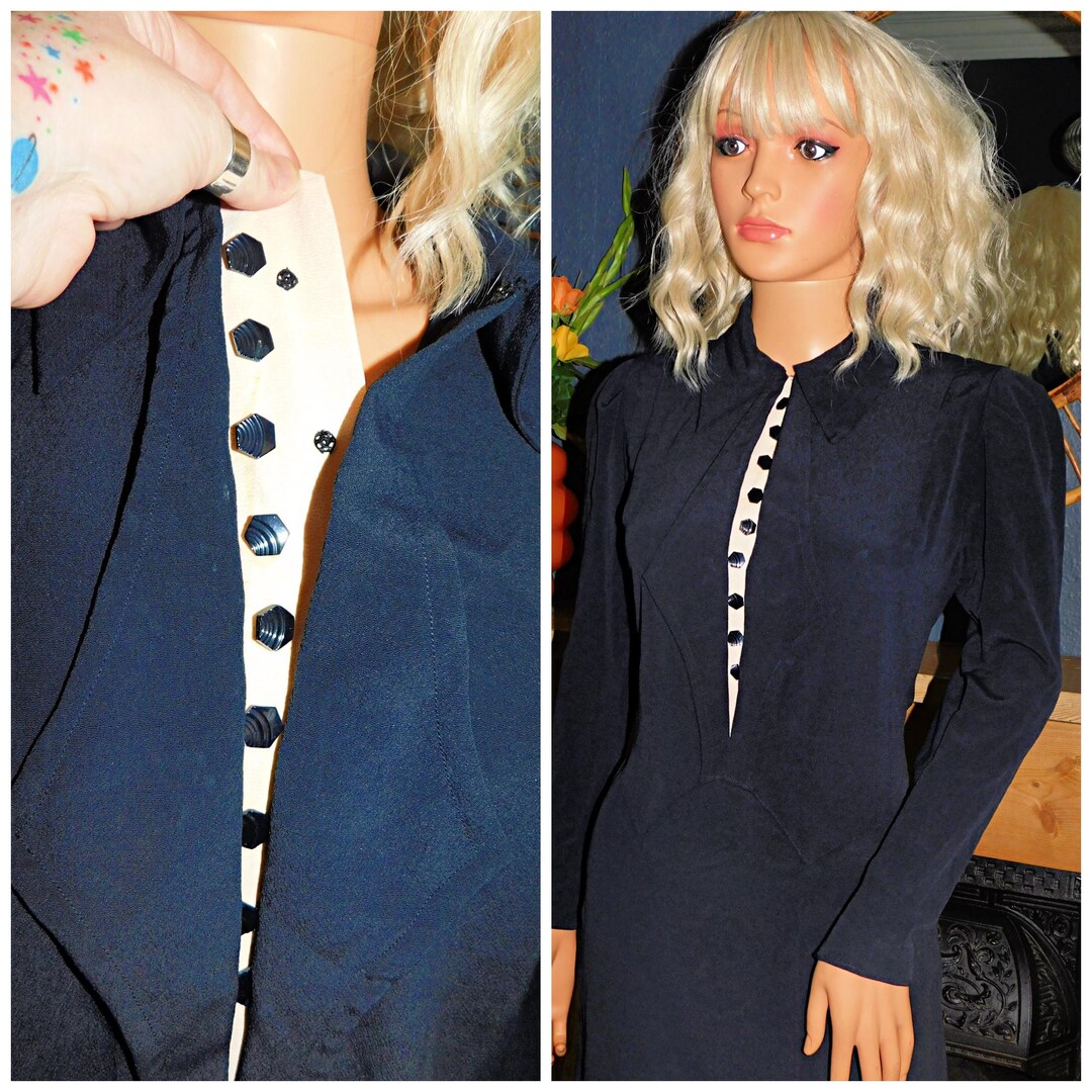 Vintage 30s Black Navy Cream ART DECO Button TUXEDO Dress 16 L 1930s ...