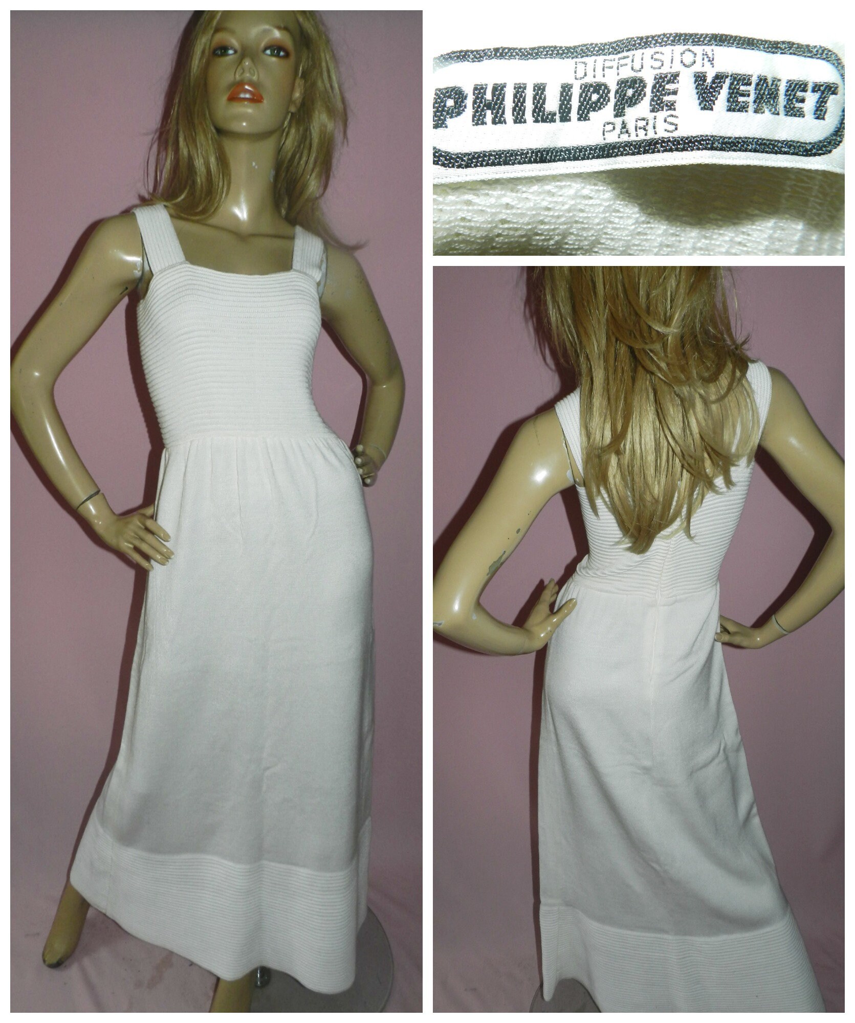Vintage 70s PHILIPPE VENET Cream White Ribbed Knit Maxi Dress 8-10 S ...