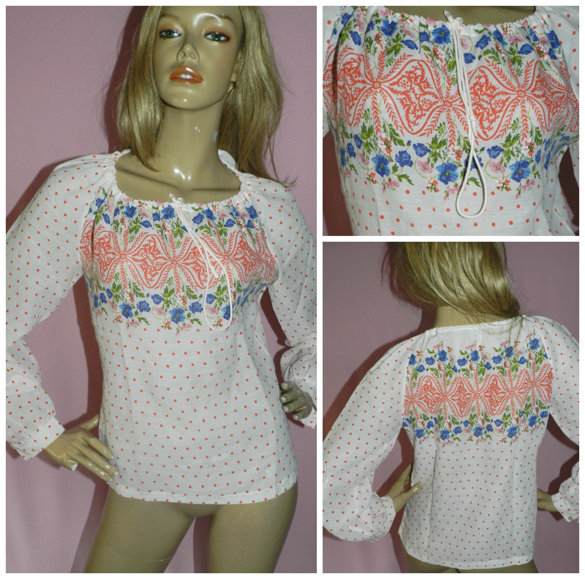 Vintage 70s White Semi Sheer Multicoloured FLORAL Folk Top Blouse 10 S ...