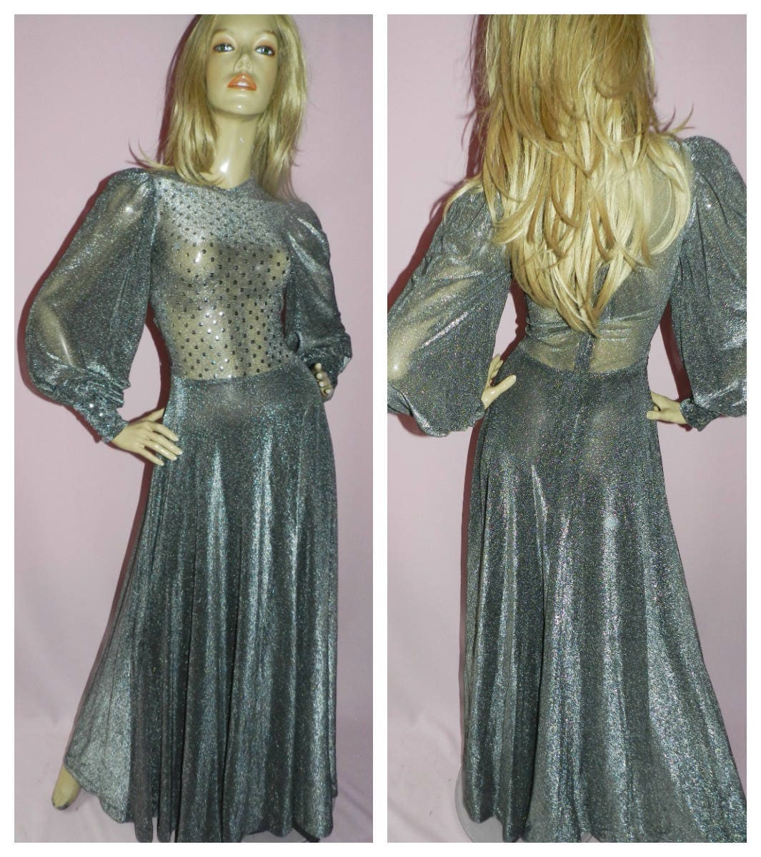 Vintage 70s SILVER SEQUIN Balloon slvd Maxi Disco Evening dress 8 S XS ...