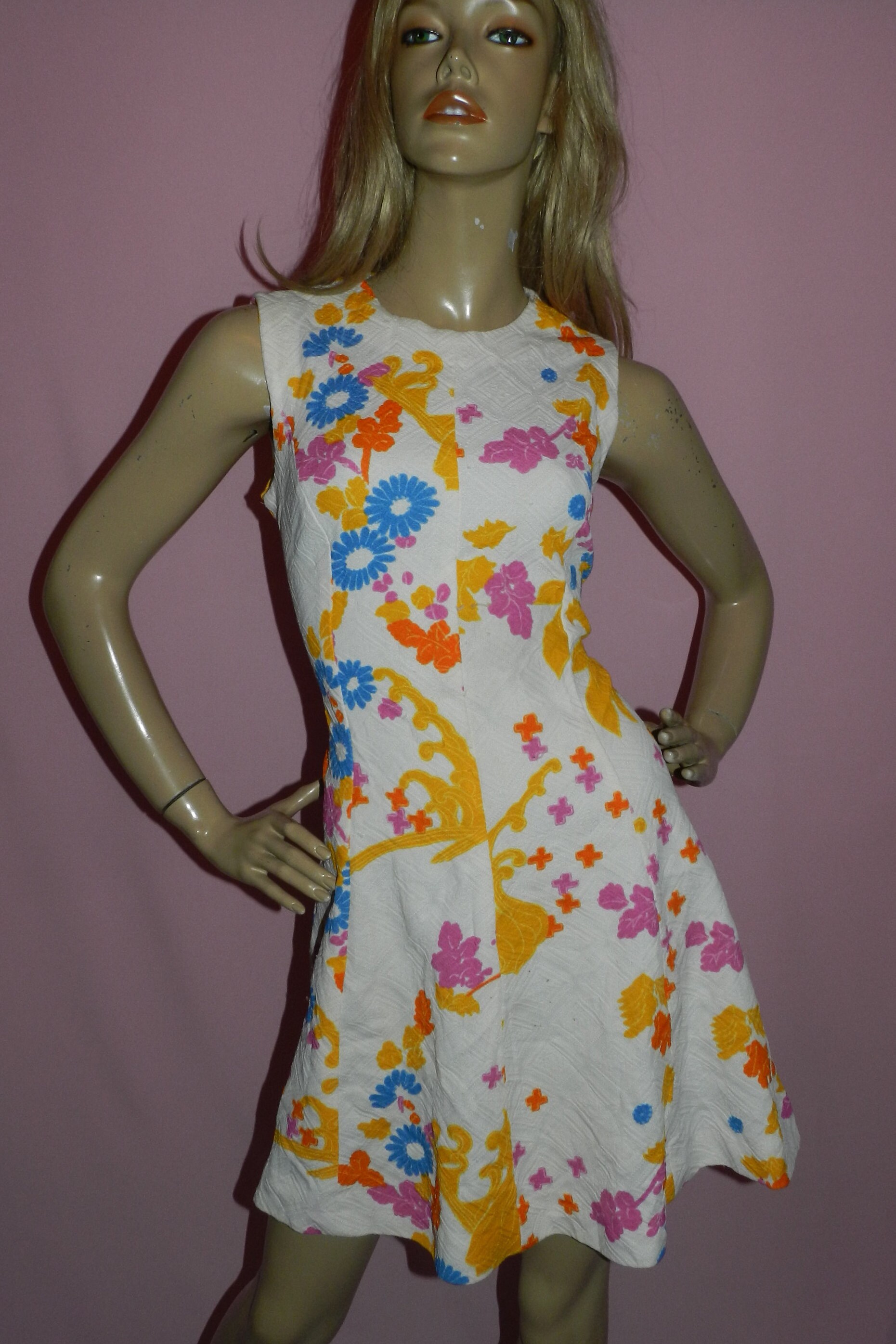 Vintage 60s Multicoloured Floral PSYCHEDELIC MOD SCOOTER Dress 10 S ...