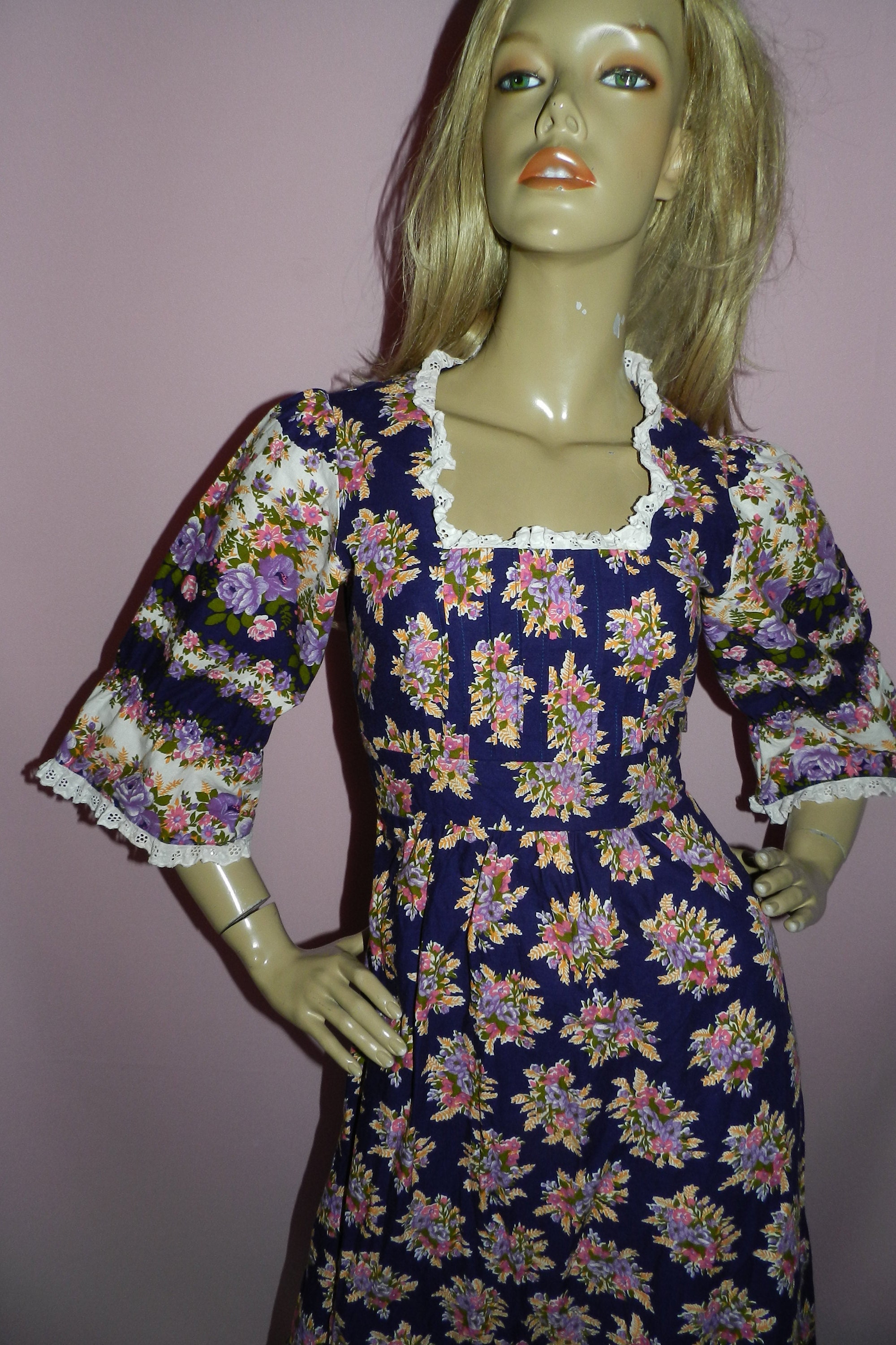 Vintage 70s BOHEMIAN FLORAL Contrast print maxi dress 8 S 1970s Hippy ...