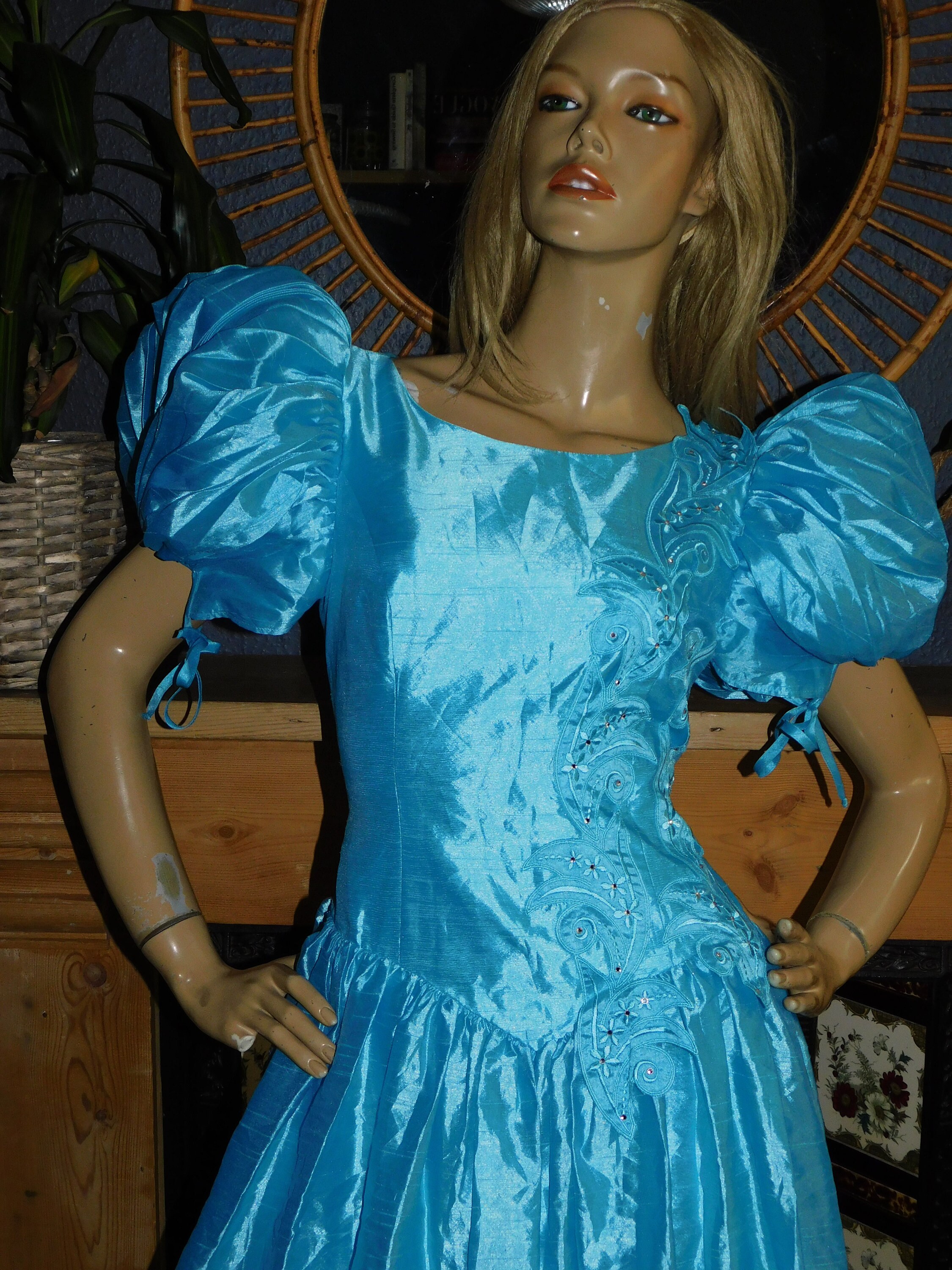 Vintage 80s Kitsch Blue Origami Puff Slvd Maxi Princess Prom Party