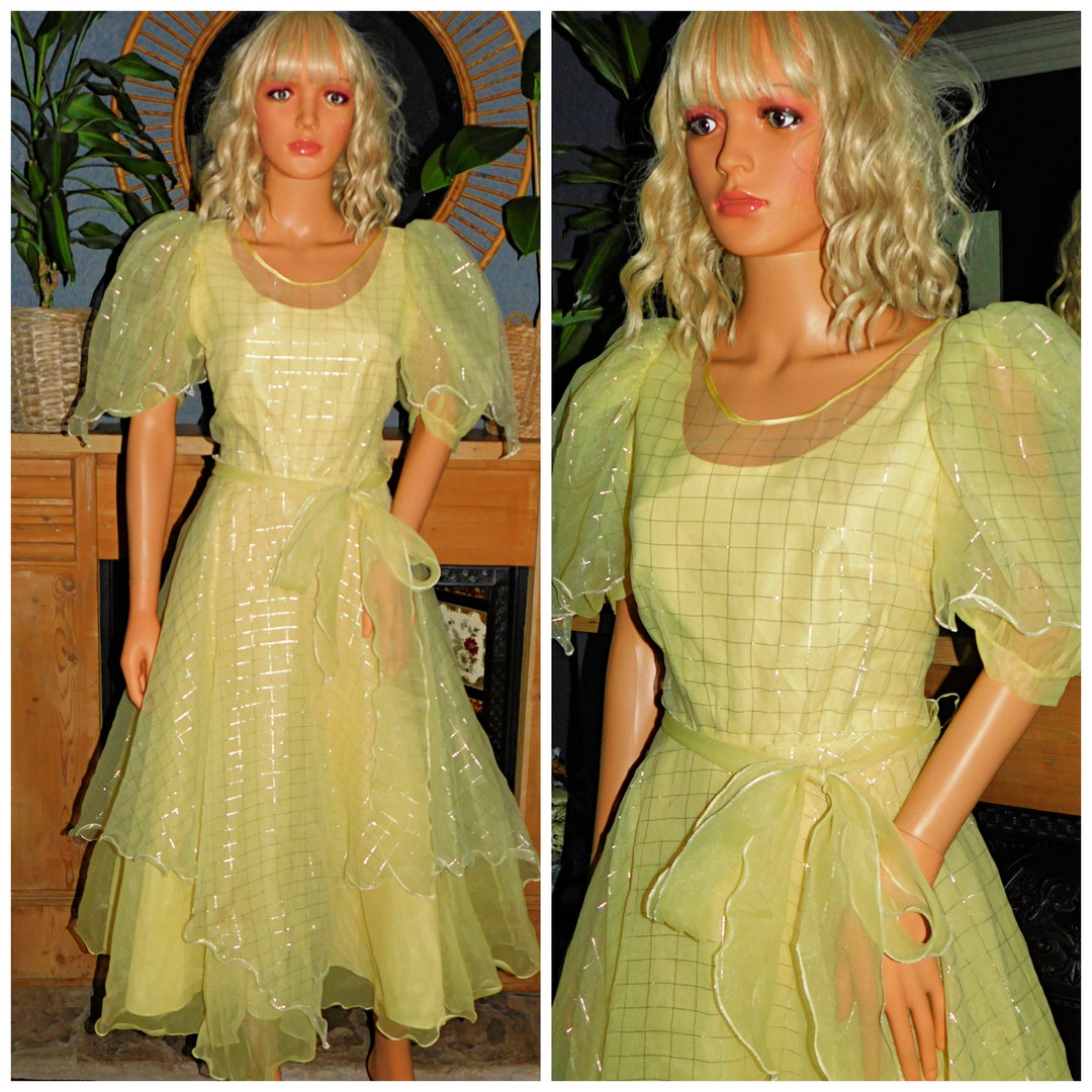 Vintage 80s Yellow Metallic Gold NET TULLE Extreme RUFFLED Puff Slvd ...