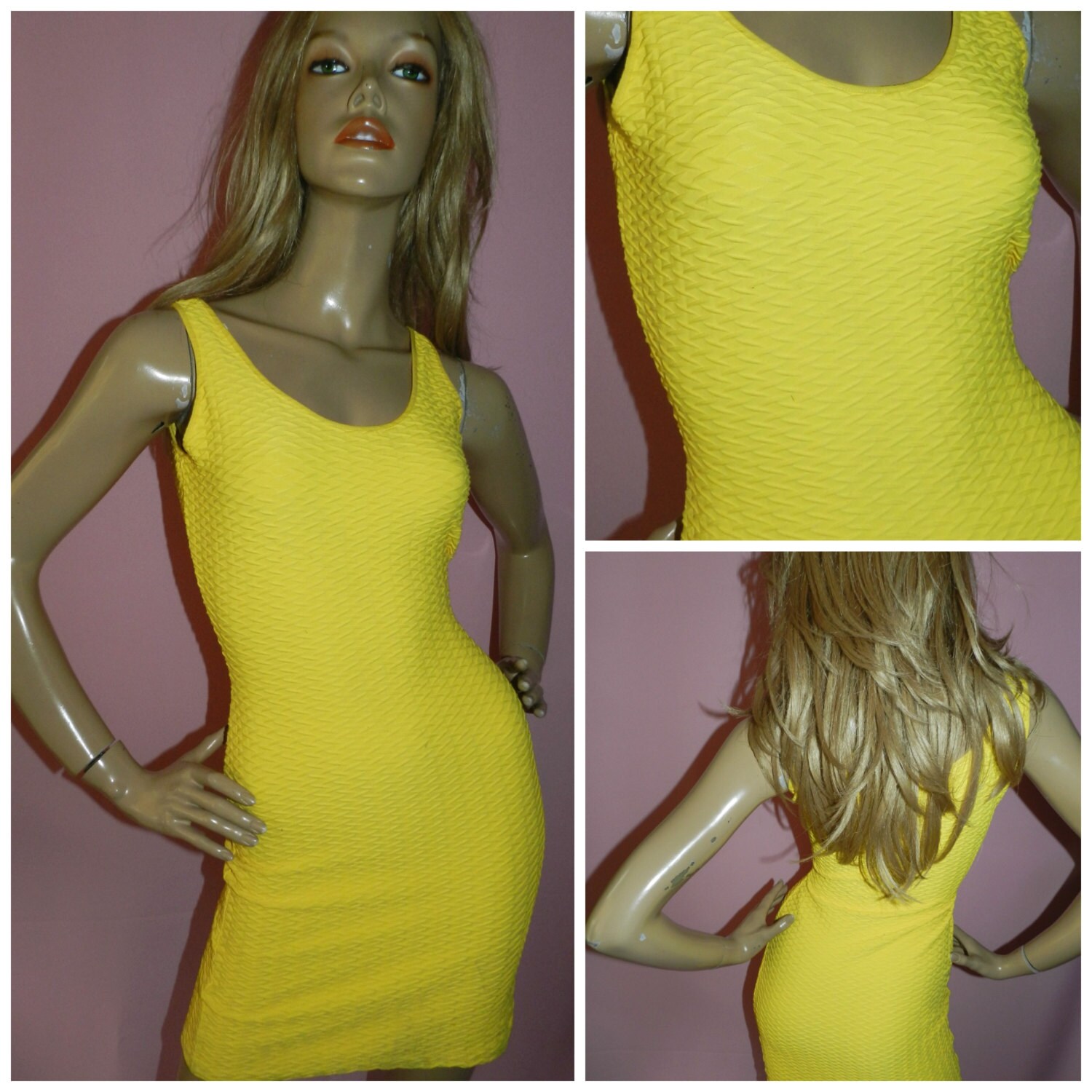 Vintage 80s 90s BRIGHT YELLOW Waffled BODY Con Rubber feel mini dress 8 ...