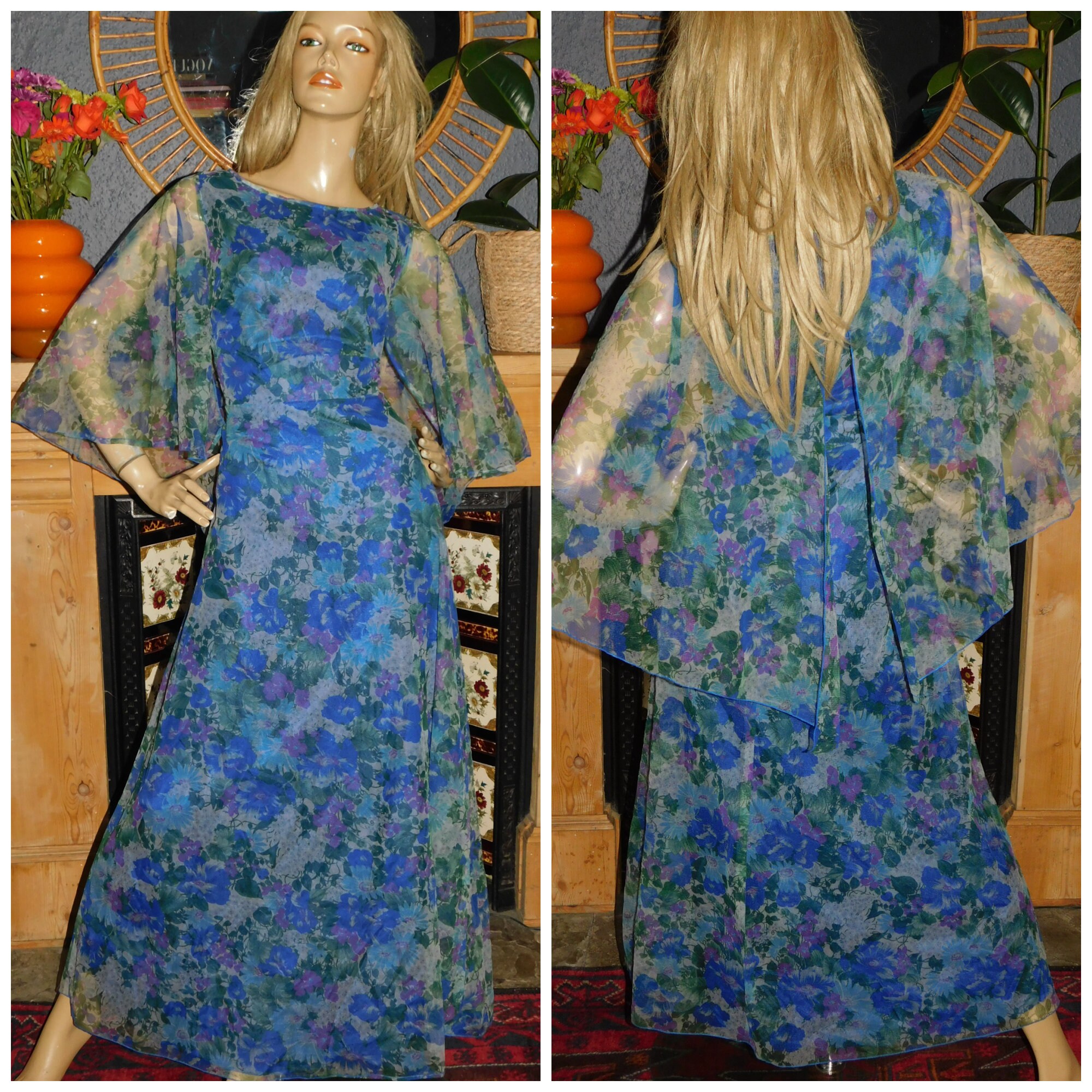 Vintage 70s Green Blue Purple ANGEL CAPE Floaty Goddess Maxi Dress 14 M ...