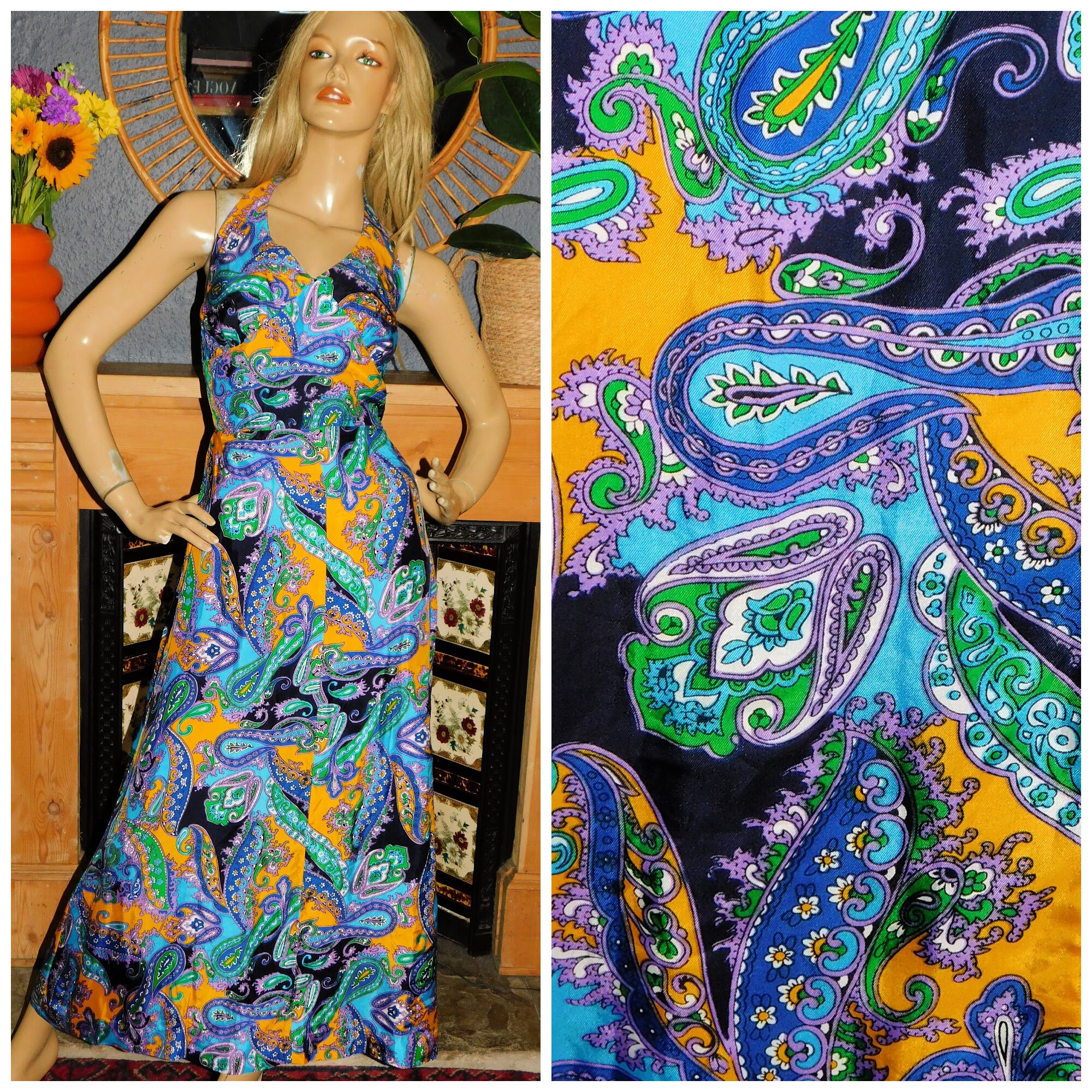 Vintage 70s Blue Yellow PSYCHEDELIC PAISLEY Cutout Halter Neck - Etsy