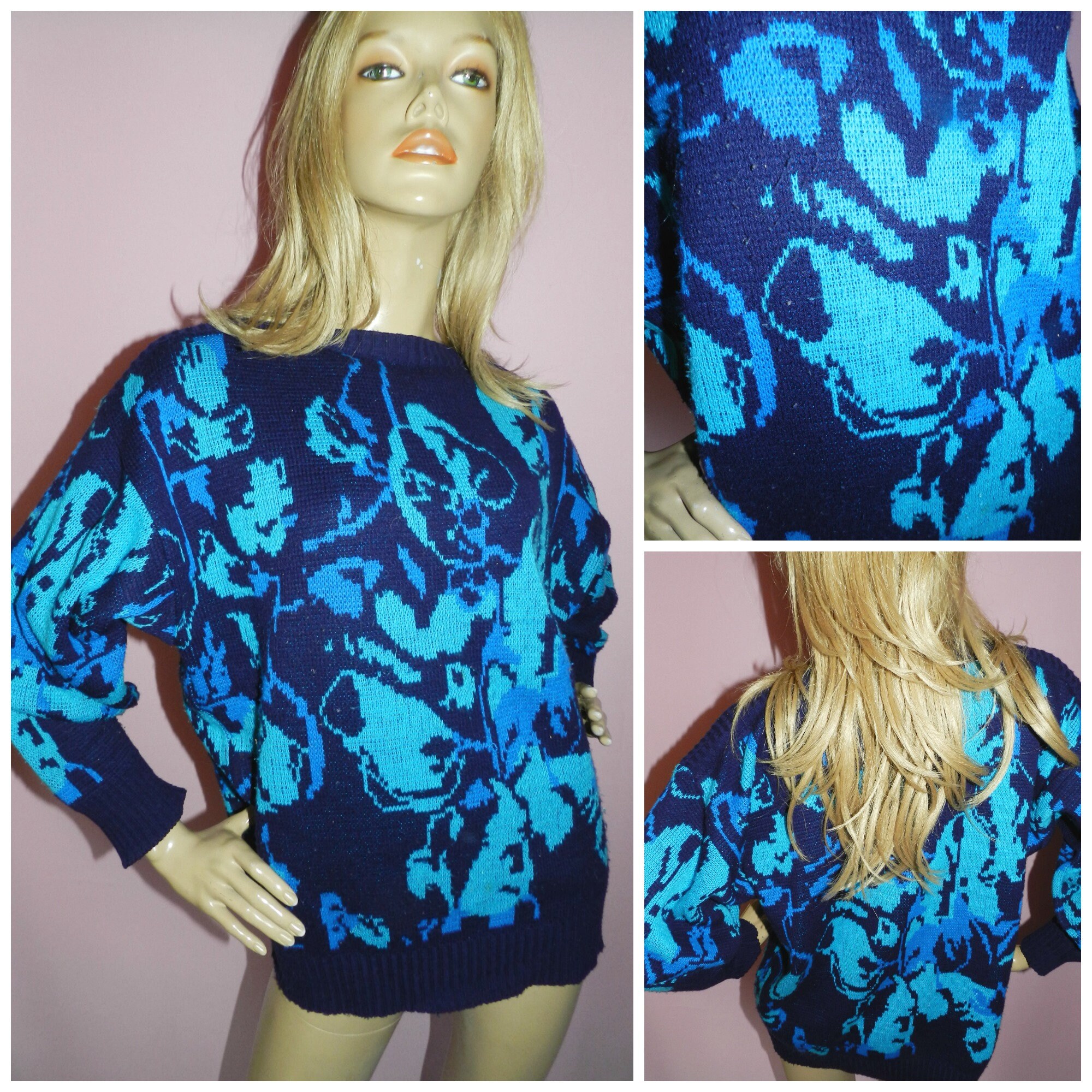 Vintage 80s Blue Turquoise ABSTRACT Print Oversized slouchy Sweater ...