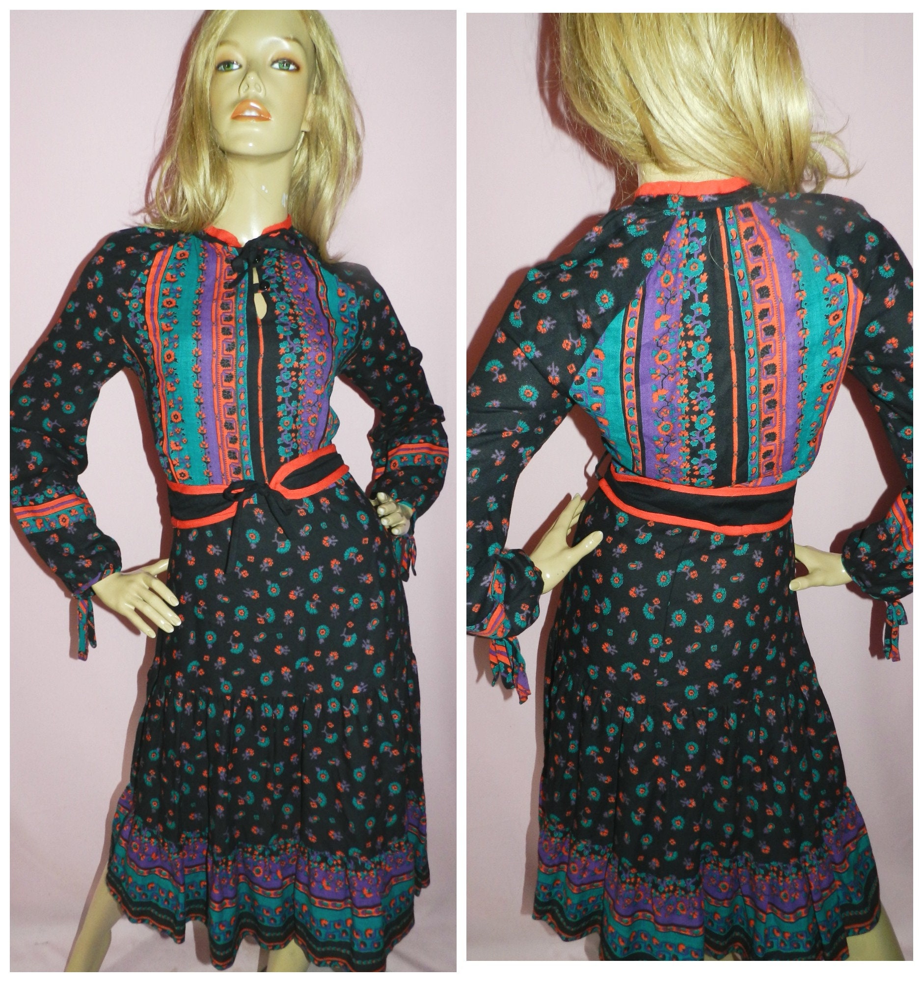 Vintage 70s BOHEMIAN Hippy Floral Contrast Boho Day dress 10 S 1970s ...