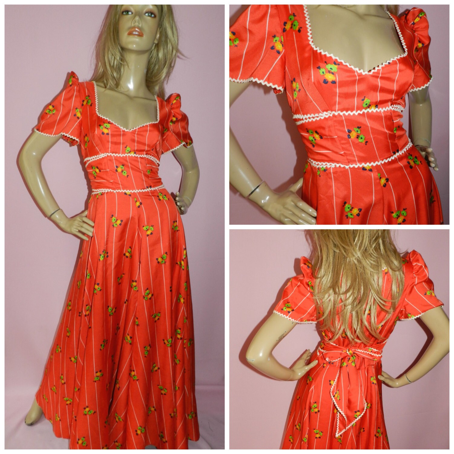 Vintage 70s Red/Multicoloured FLORAL Flower Power Ric Rac trim MAXI ...
