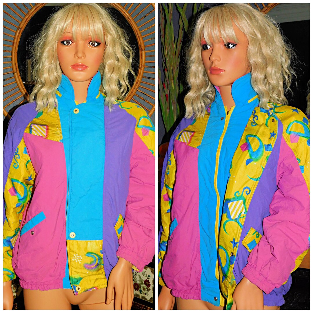 Vintage 80s Blue Pink Yellow Colour Block PADDED SKI Jacket S 1980s ...