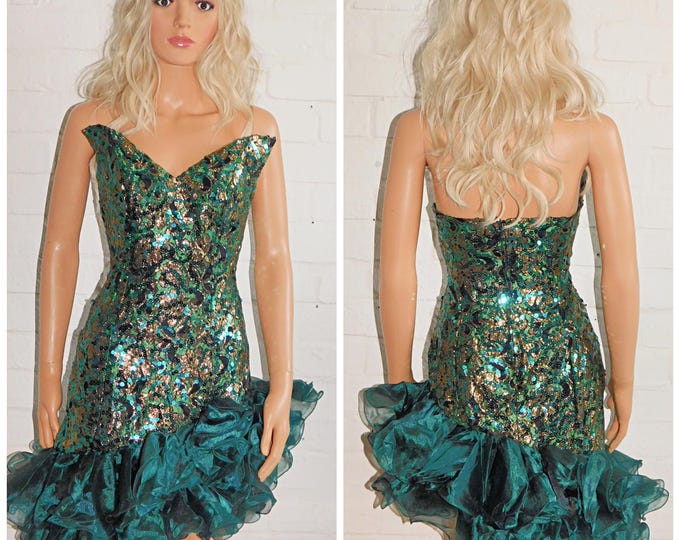 Vintage 80s Green Gold Strapless Sequin RUFFLED Wing Bust Prom Party ...