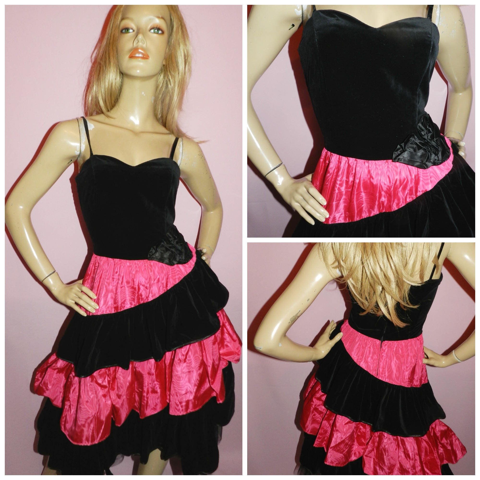 Vintage 80s HOT PINK Black RaRa Prom Party dress 6-8 XS 1980s Extreme ...