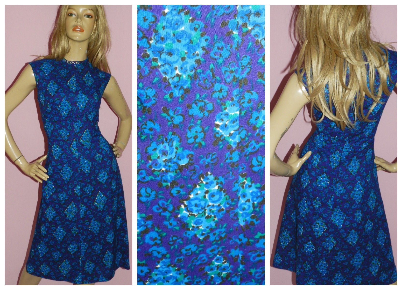 Vintage 60s Blue ABSTRACT Print MOD SCOOTER Dress 12 M 1960s Modette