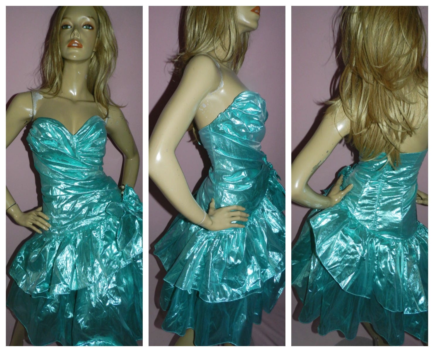 Vintage 80s Peppermint Green METALLIC Strapless BOW front TRASHY RaRa ...