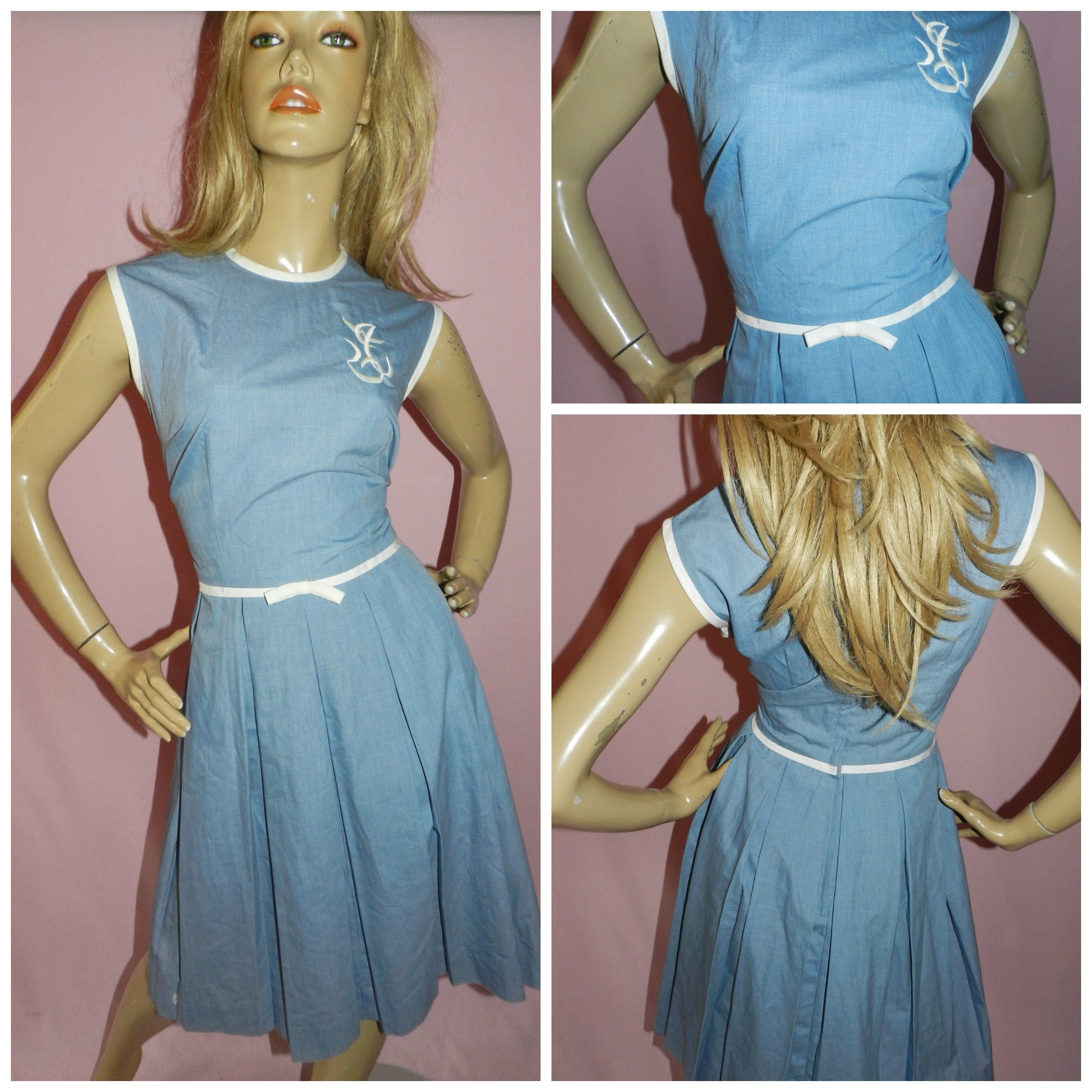 Vintage 50s Blue White BOW Front Box Pleated Tea Dress 10 S 1950s Mid ...