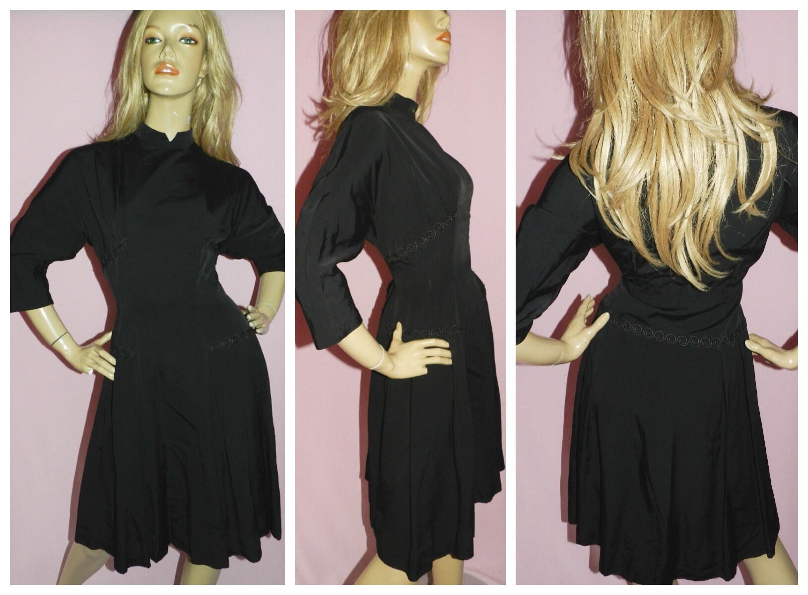 Vintage 40s Black Applique GOVERNESS Day dress 12-14 M 1940s Wartime WW2