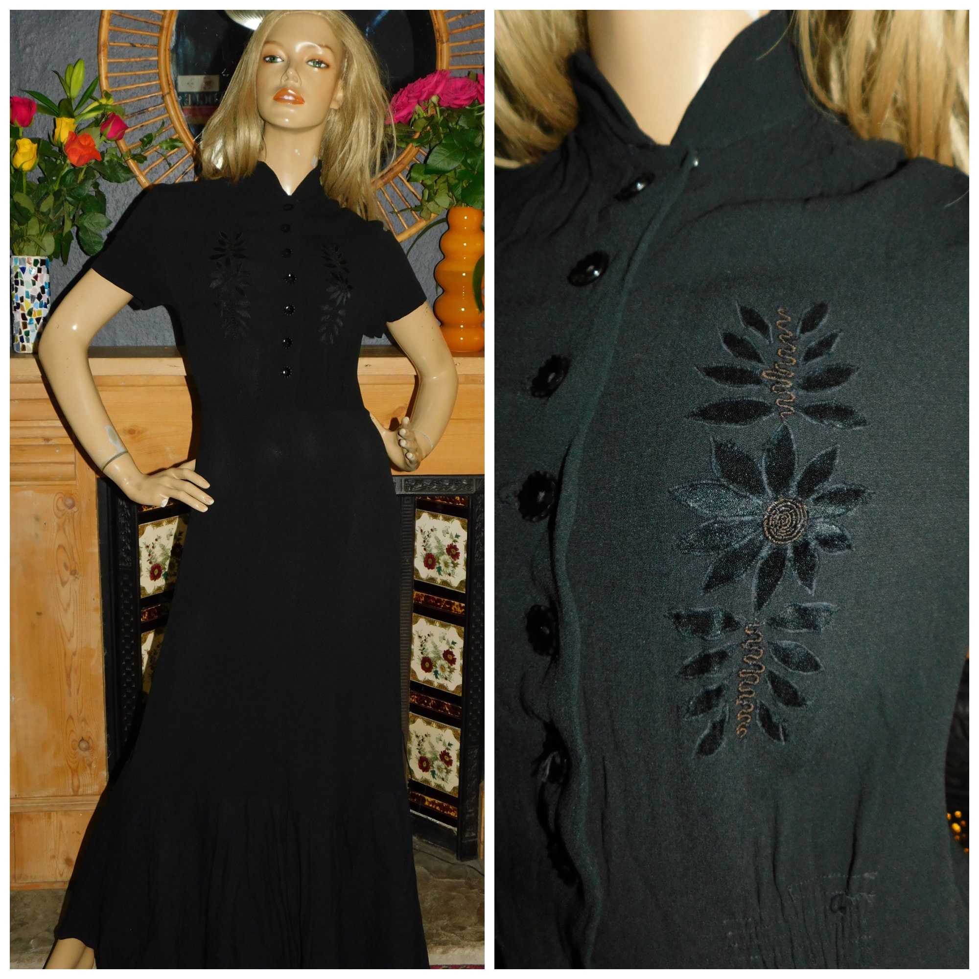 Vintage Black 1930s EMBROIDERED FLOWER Maxi Starlet Dress 14 M 30s ...