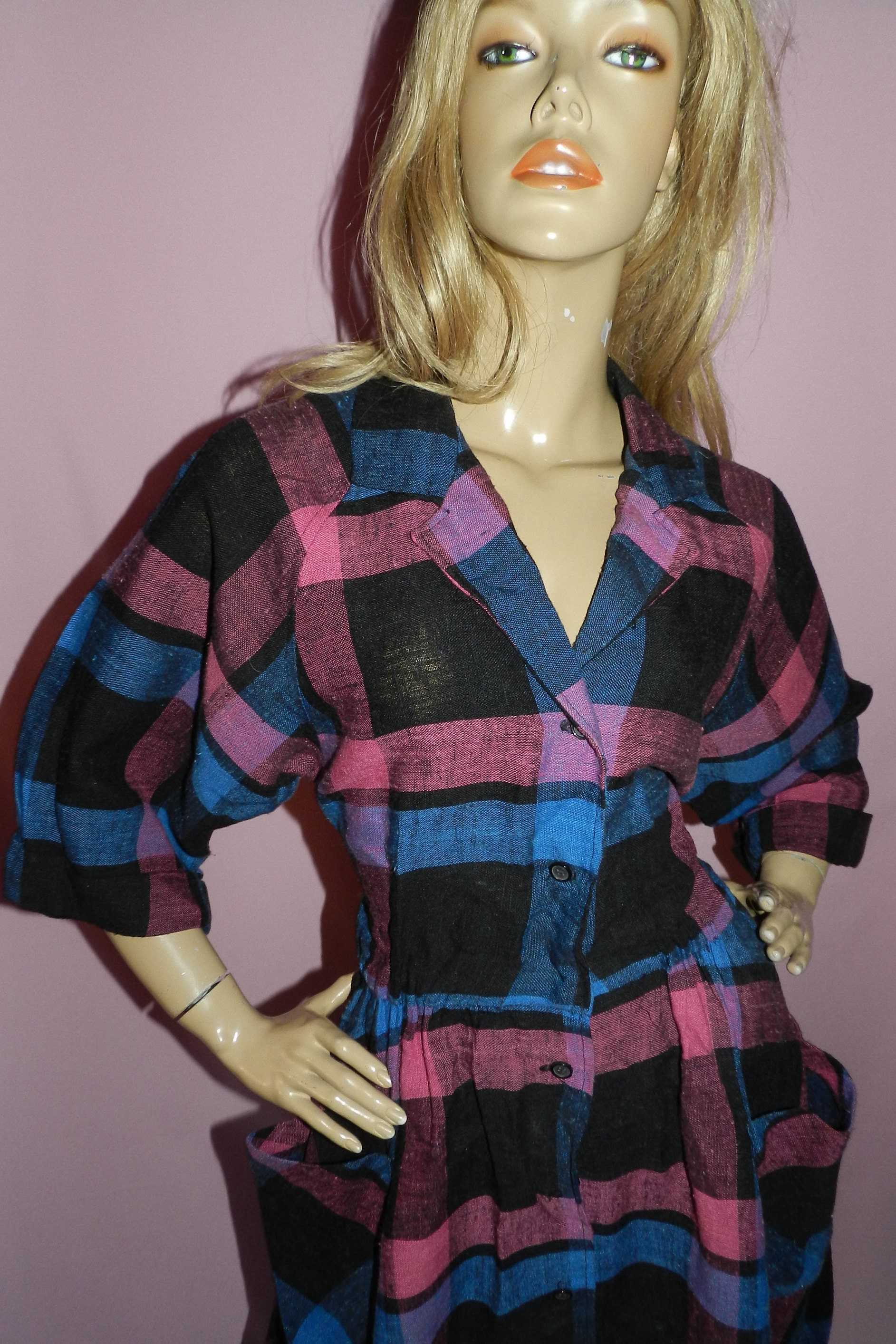 Vintage 70s 80s Blue Pink CHECK Swing Day Dress 12 M 1970s 1980s HUGE ...
