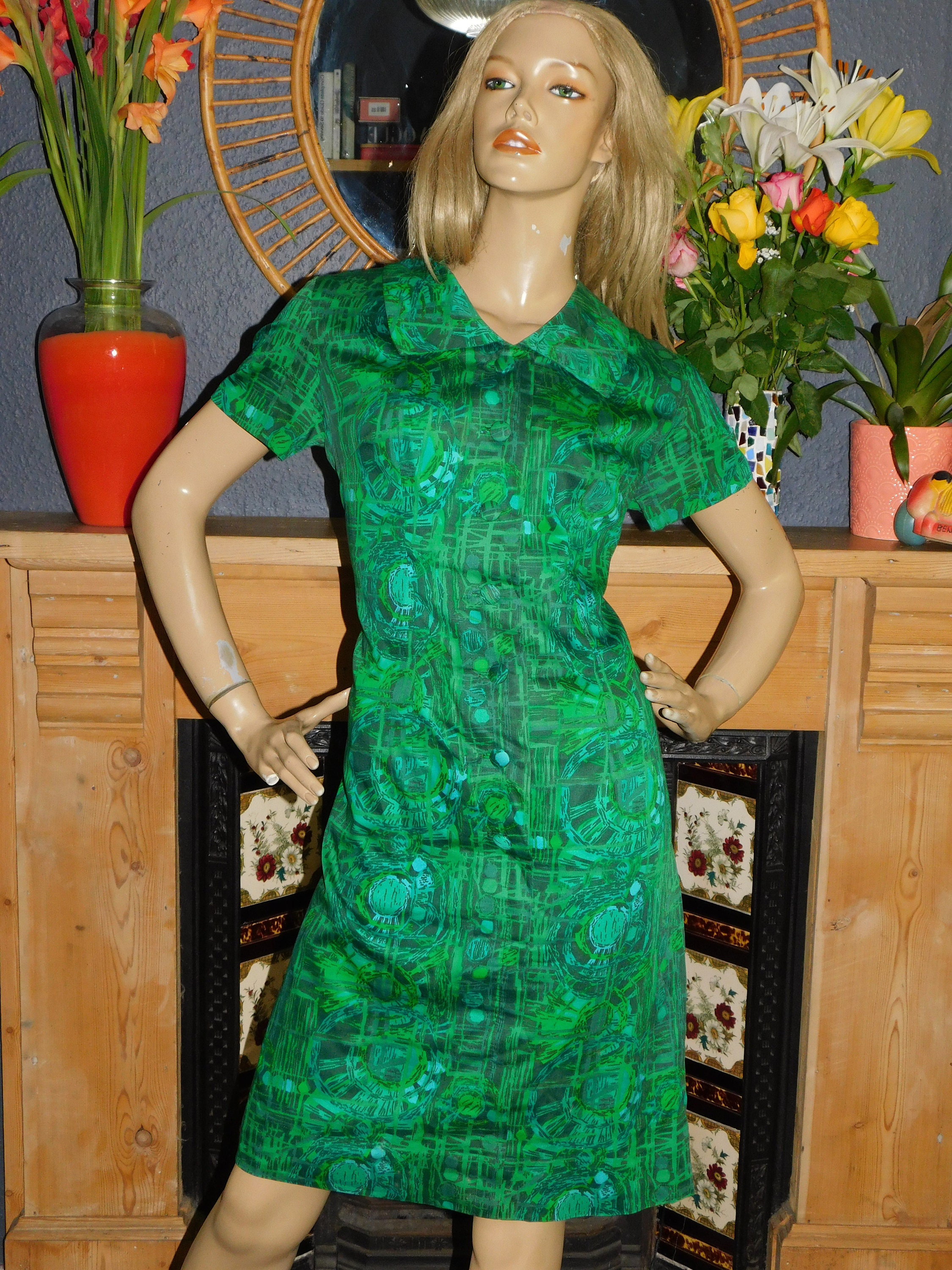 Vintage 50s Green ABSTRACT OP ART Patterned Day Dress 14 16 M L 1950s ...