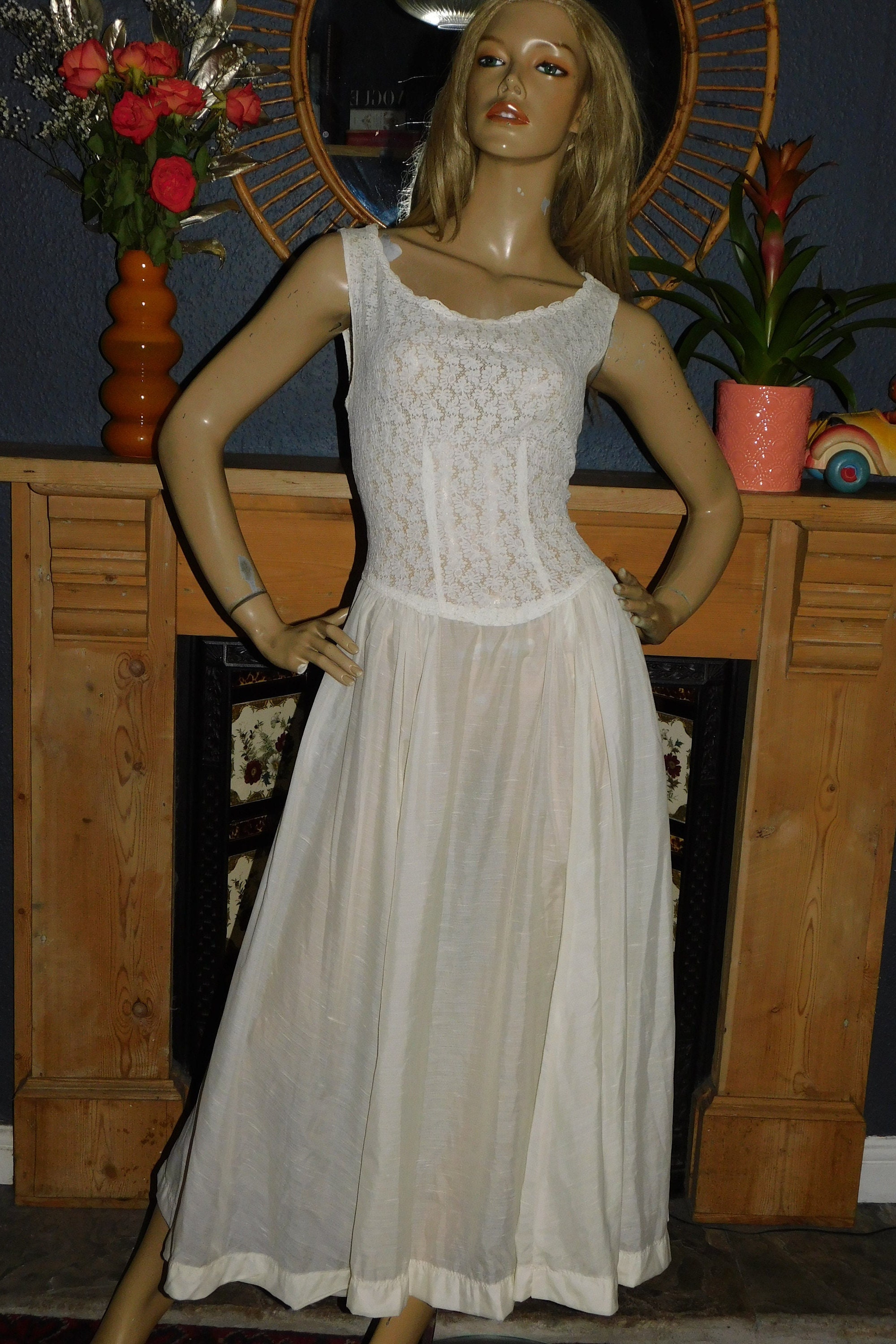 Vintage 50s Cream Lace Tulle Semi Sheer Wedding Dress 8 Xs 1950s Bridal