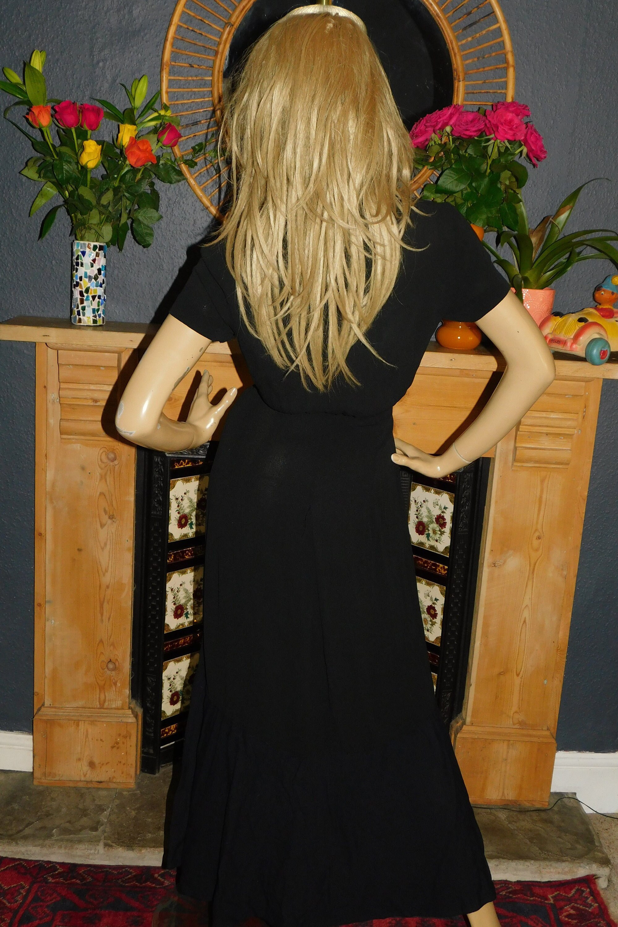 Vintage Black 1930s EMBROIDERED FLOWER Maxi Starlet Dress 14 M 30s ...