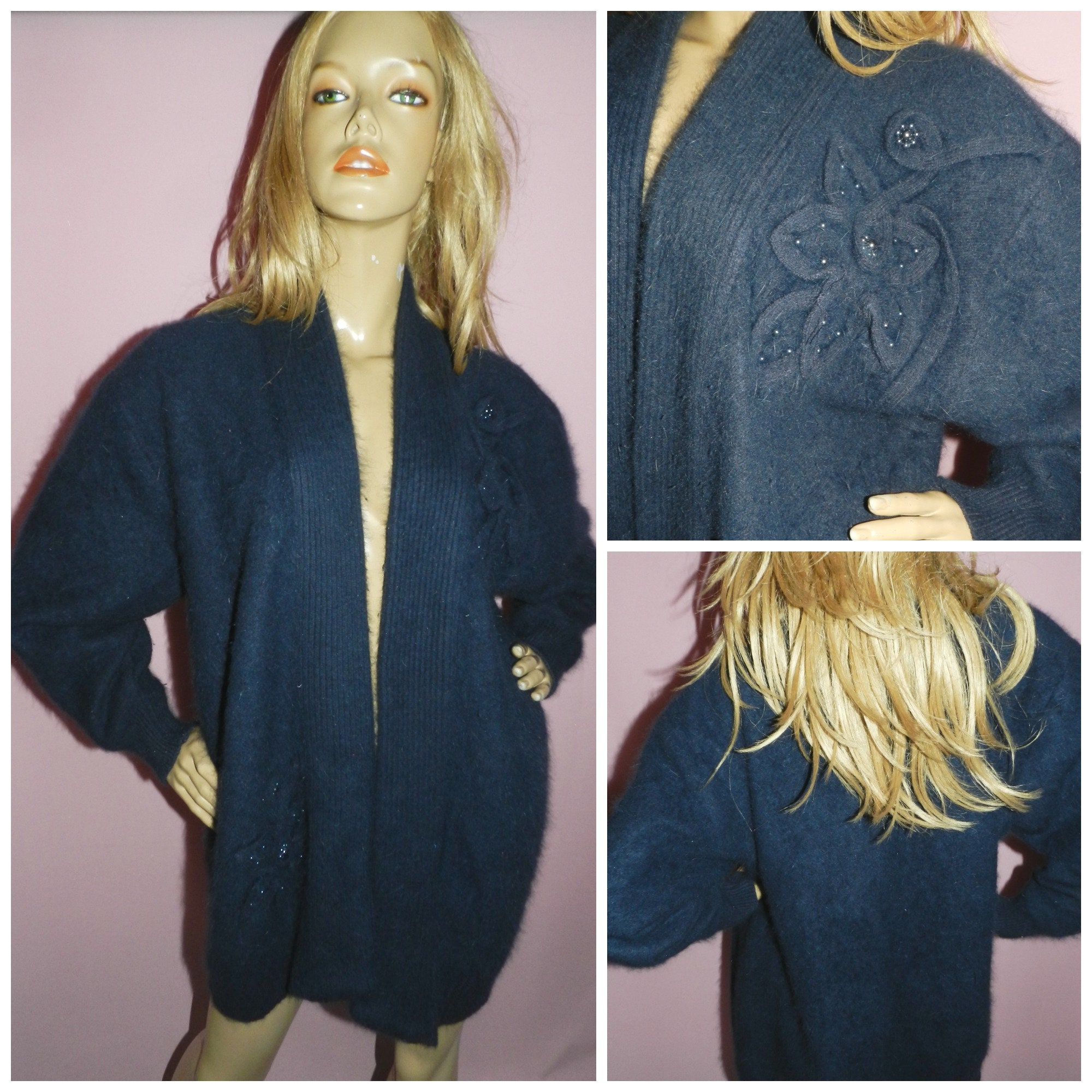 Vintage 80s Steel Grey Blue ANGORA Beaded APPLIQUE Fluffy cardigan L XL 1980s