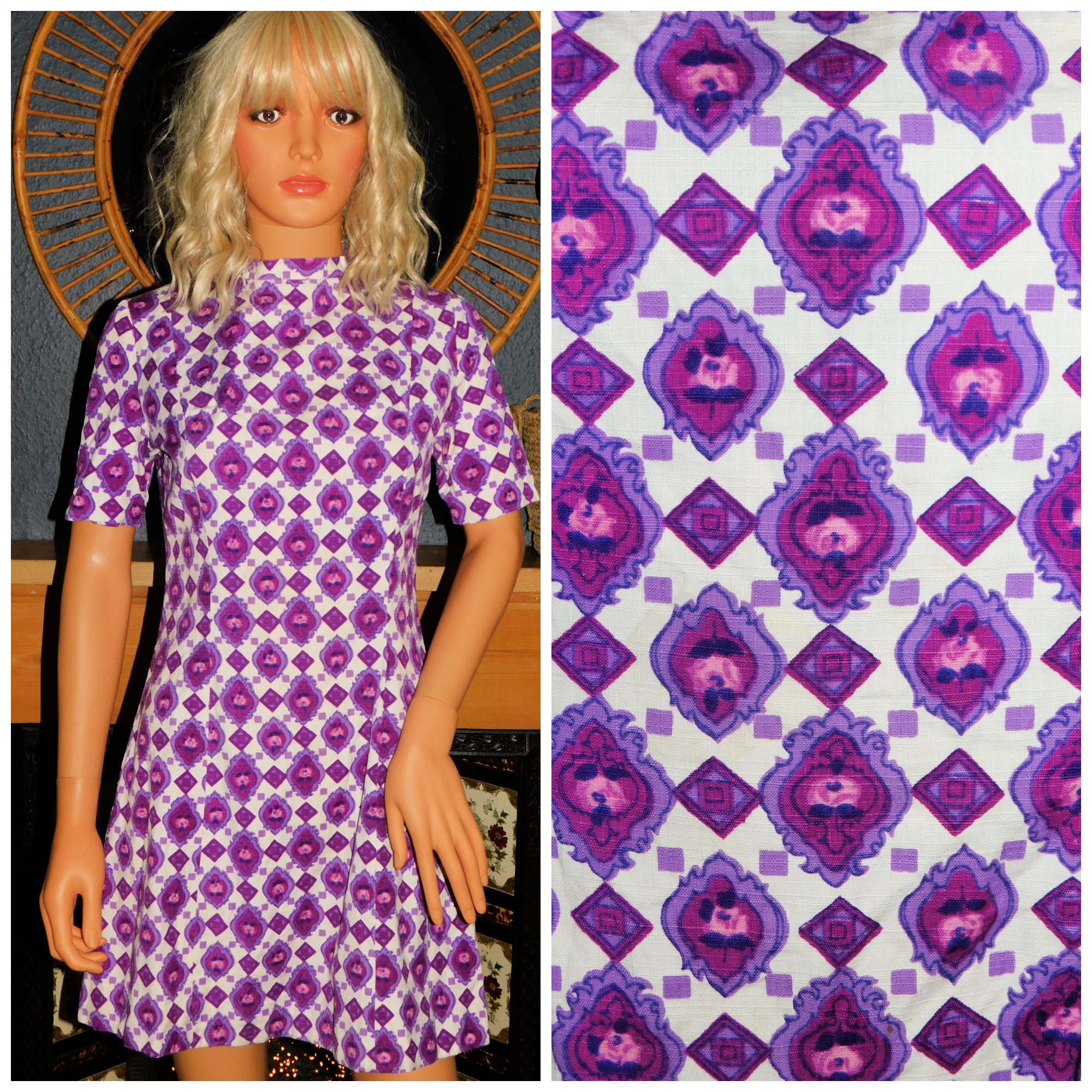 Vintage 60s Purple Baroque Ornate Print MINI MOD Dress 8 S Modette Dolly