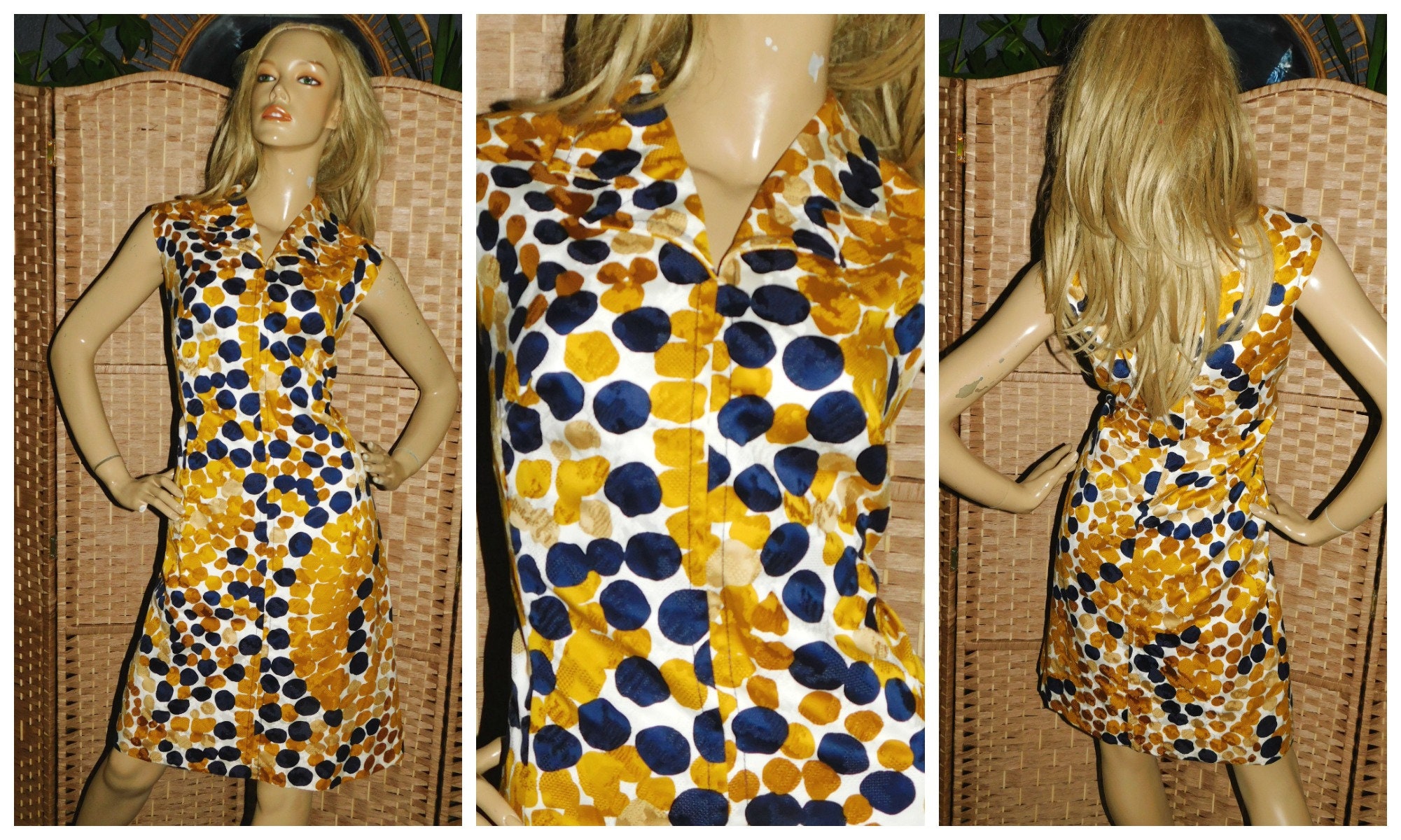 Vintage 60s MUSTARD Navy DOTTY Print MOD Scooter Dress 14 M 1960s ...