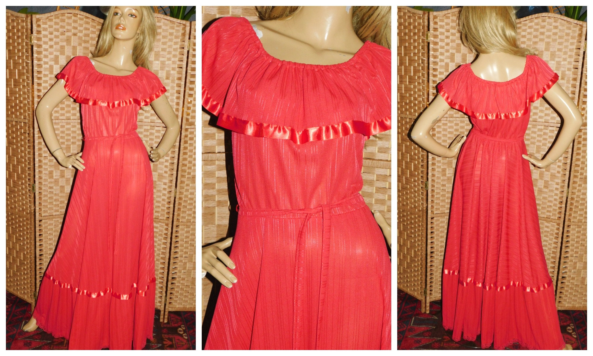 Vintage 70s Red Semi sheer Gypsy RUFFLE DISCO Maxi Dress 8-10 S 1970s ...