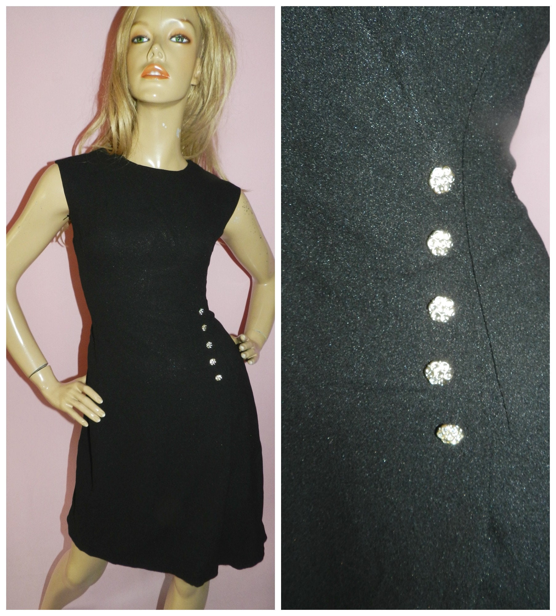 Vintage 60s Classic Black Button detail MOD COCKTAIL dress 12 M 1960s ...