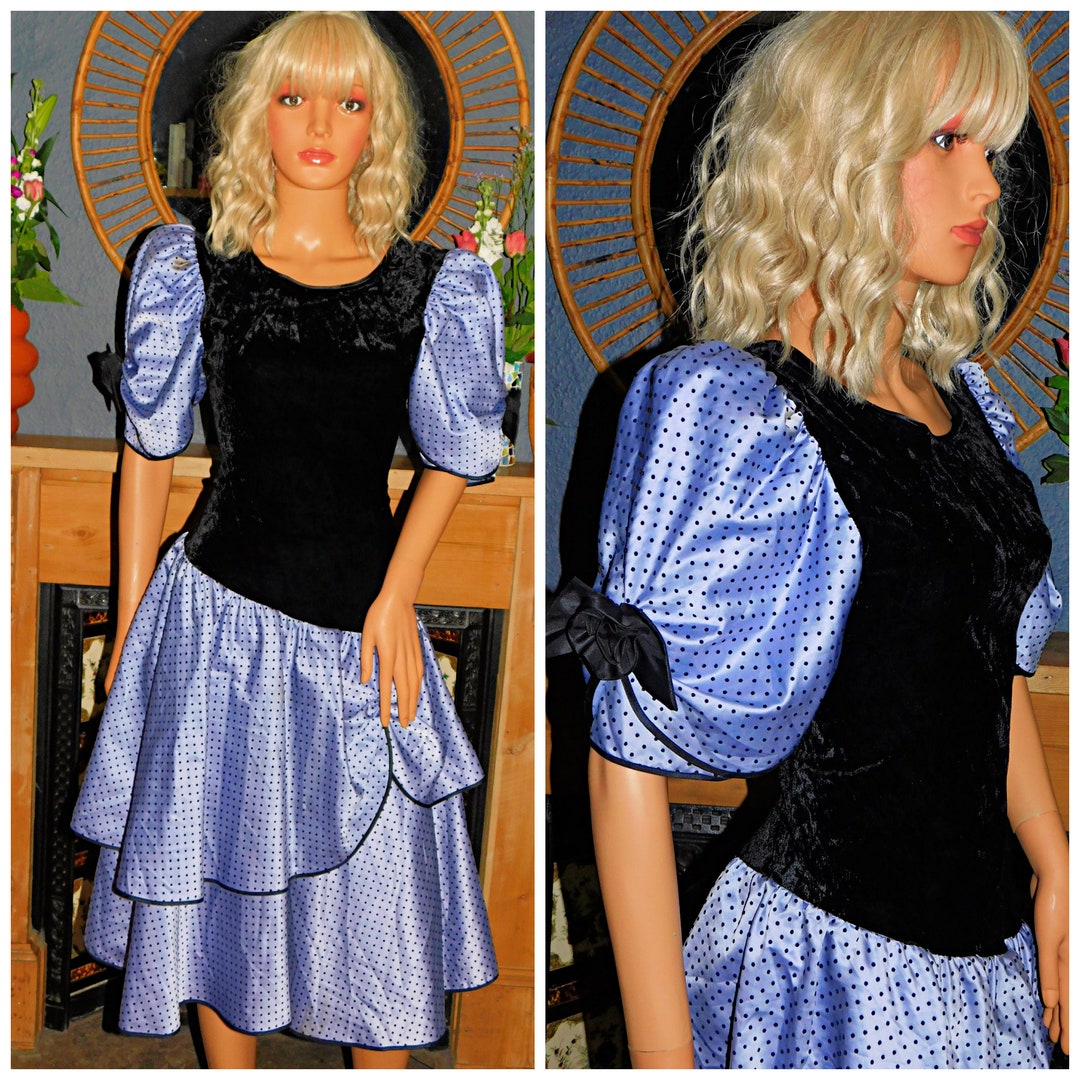 Vintage 80s Black LILAC Polka Dot PUFF Slvd Drop Waist Prom Party Dress ...