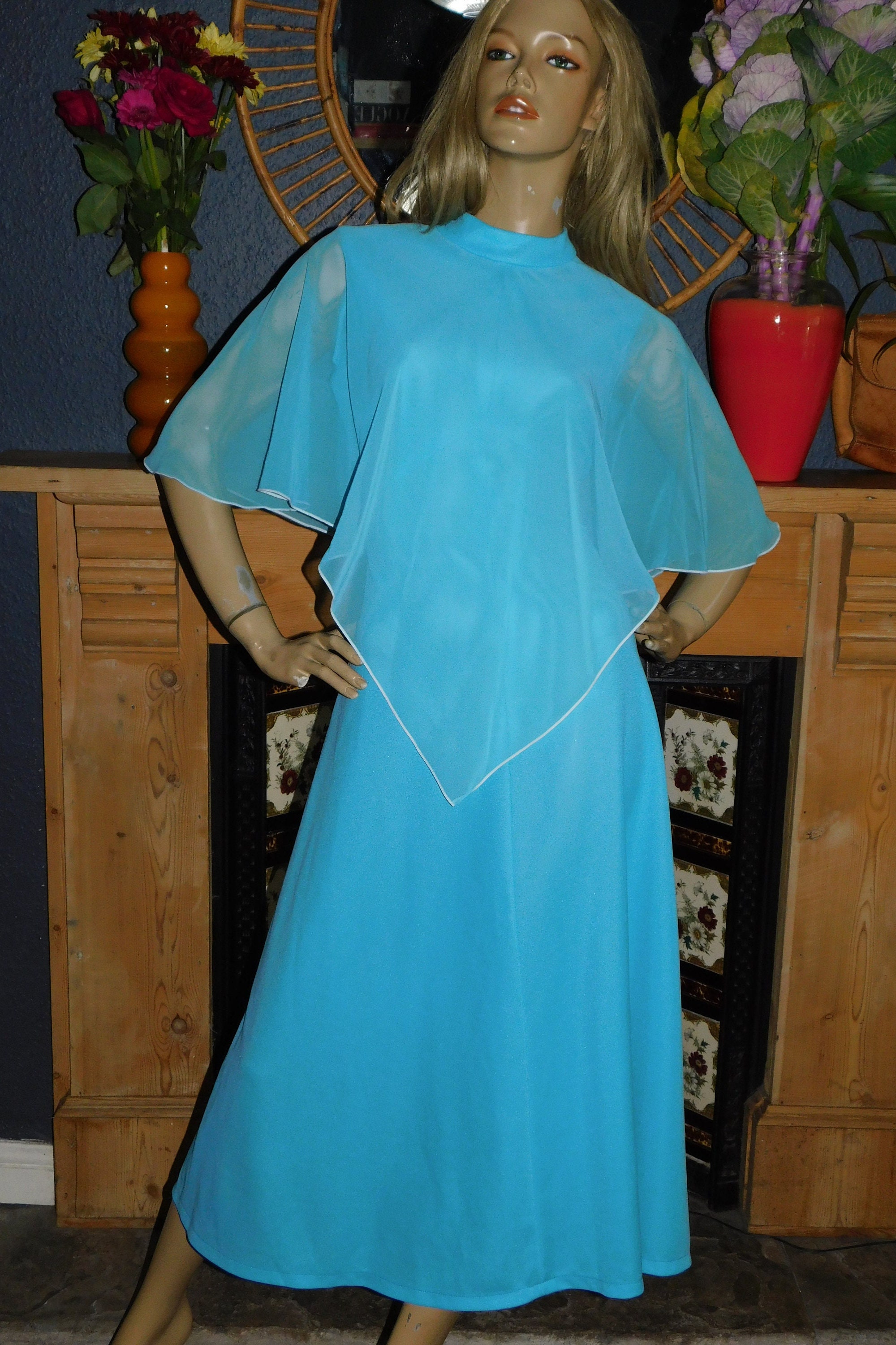 Vintage 70s SKY Blue ANGEL Cape Midi GODDESS Dress 12-14 M 1970s Kitsch ...