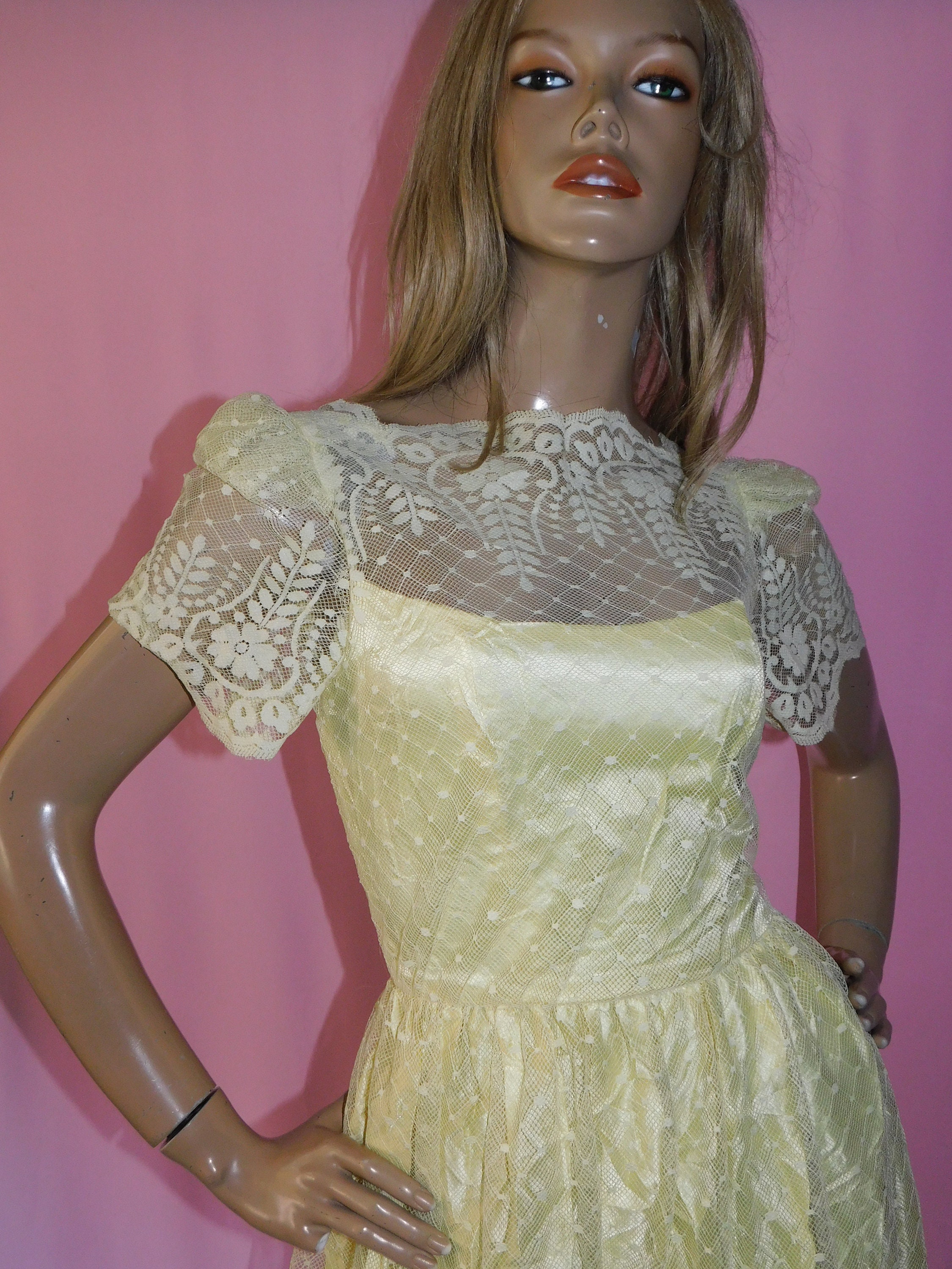 Vintage 50s Yellow LACE Tea Party Dress 6-8 Xs 1950s Wedding Mid Century