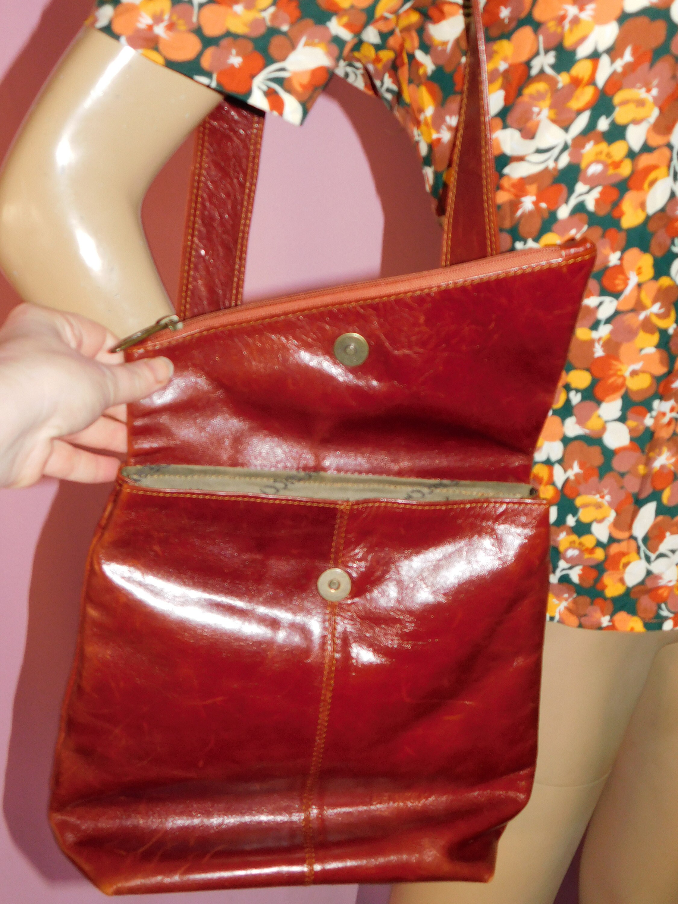 Vintage 90s Red Brown Tan LEATHER Shoulder Bag Festival Tote 1990s Bohemian