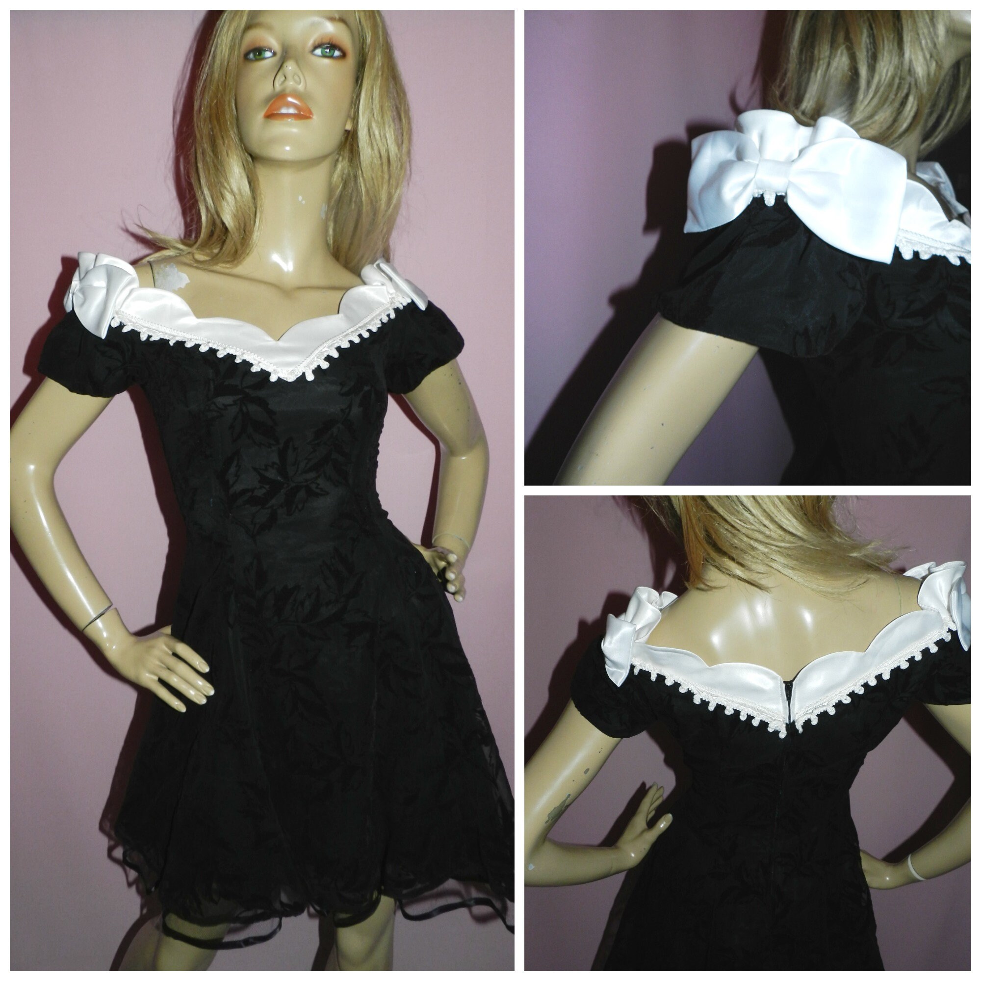 Vintage 80s Black White FRENCH MAID BOW Prom Party dress 8-10 S 1980s ...