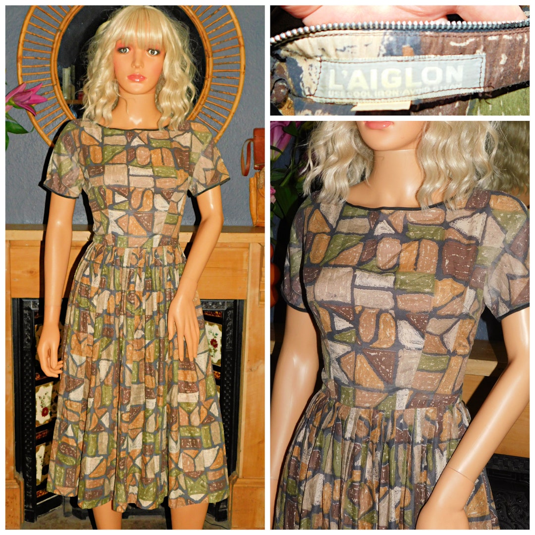 Vintage 50s Brown Tan GEOMETRIC Print Day Dress 8 Xs 1950s Mid Century ...