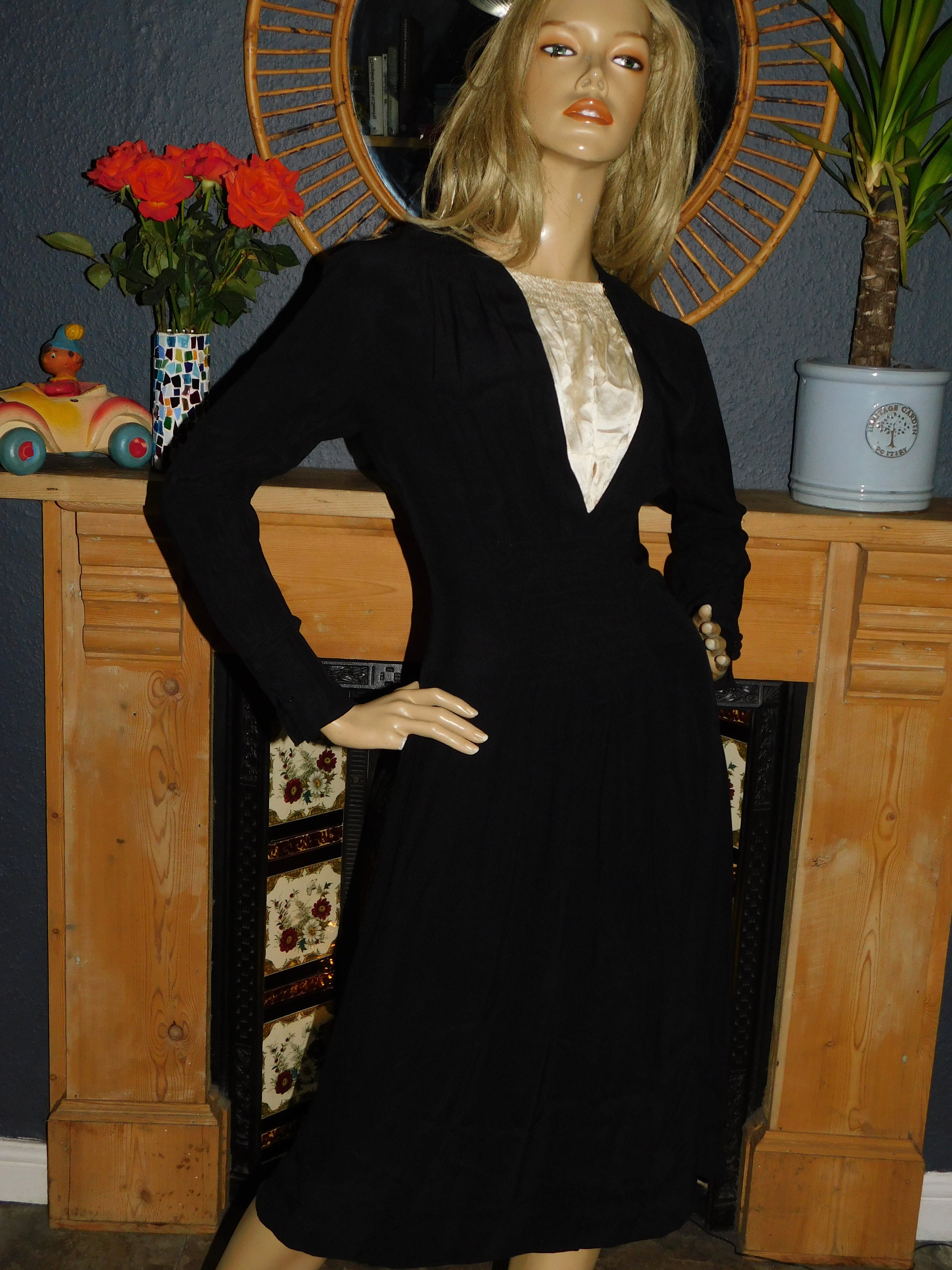 Vintage 30s Black Cream SMOCKED Detail TUXEDO Dress 14 M 1930s Gothic ...