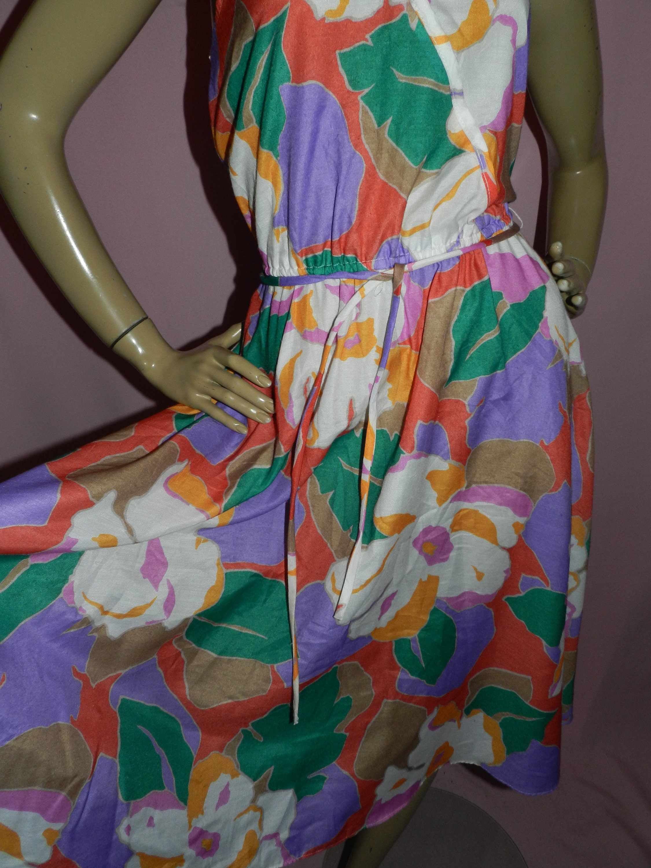 Vintage 70s 80s Bright Multicoloured ABSTRACT FLORAL Print Swing Sun ...